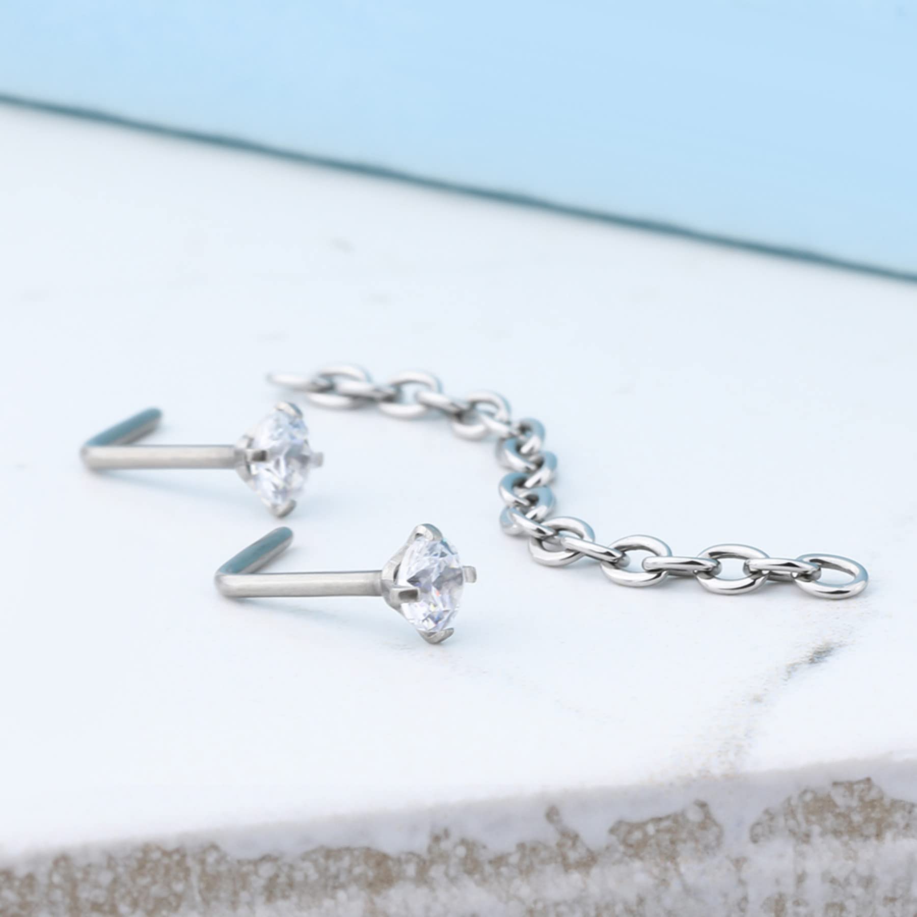 OUFER Solid Titanium Nose Rings, Chain 2PCS 20G Nose Studs, Nostril Clear CZ L Shaped Pack, Nose Piercing Jewelry Women Men