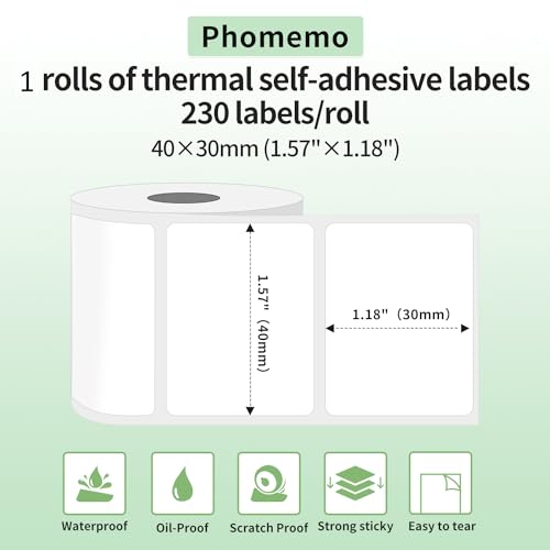 Phomemo Thermal Labels-for M110/M221/M220/M120/M200/M110S,1.57"x1.18"(40x30mm),230 Labels/Roll, for Barcode/Address/Mailing/Logo/Business/Home Tag