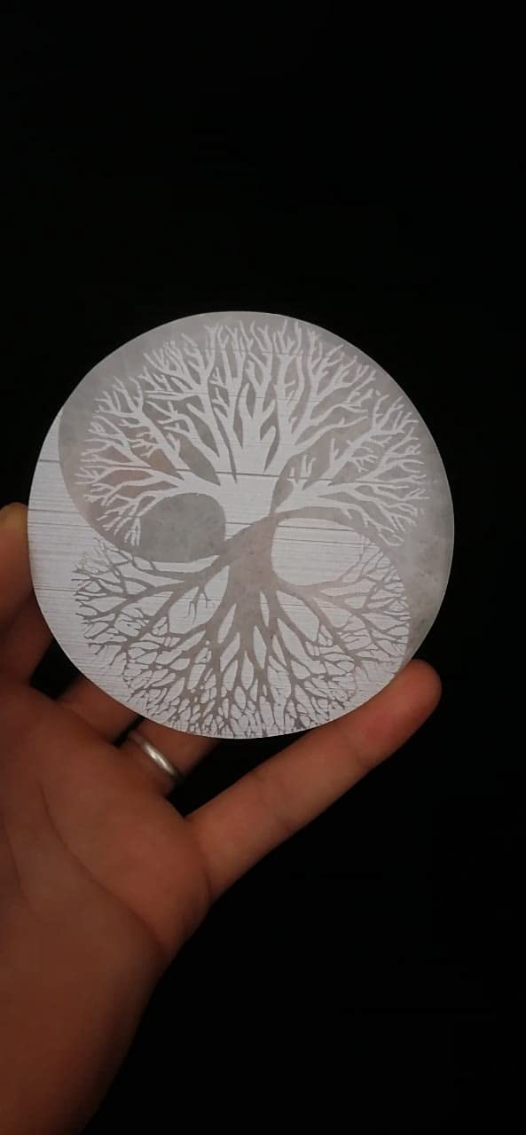 Selenite Circle Plate Laser Engraved Three Design, Cleans and Remove Negative Energy, Size 10×10 cm 240 gr, White
