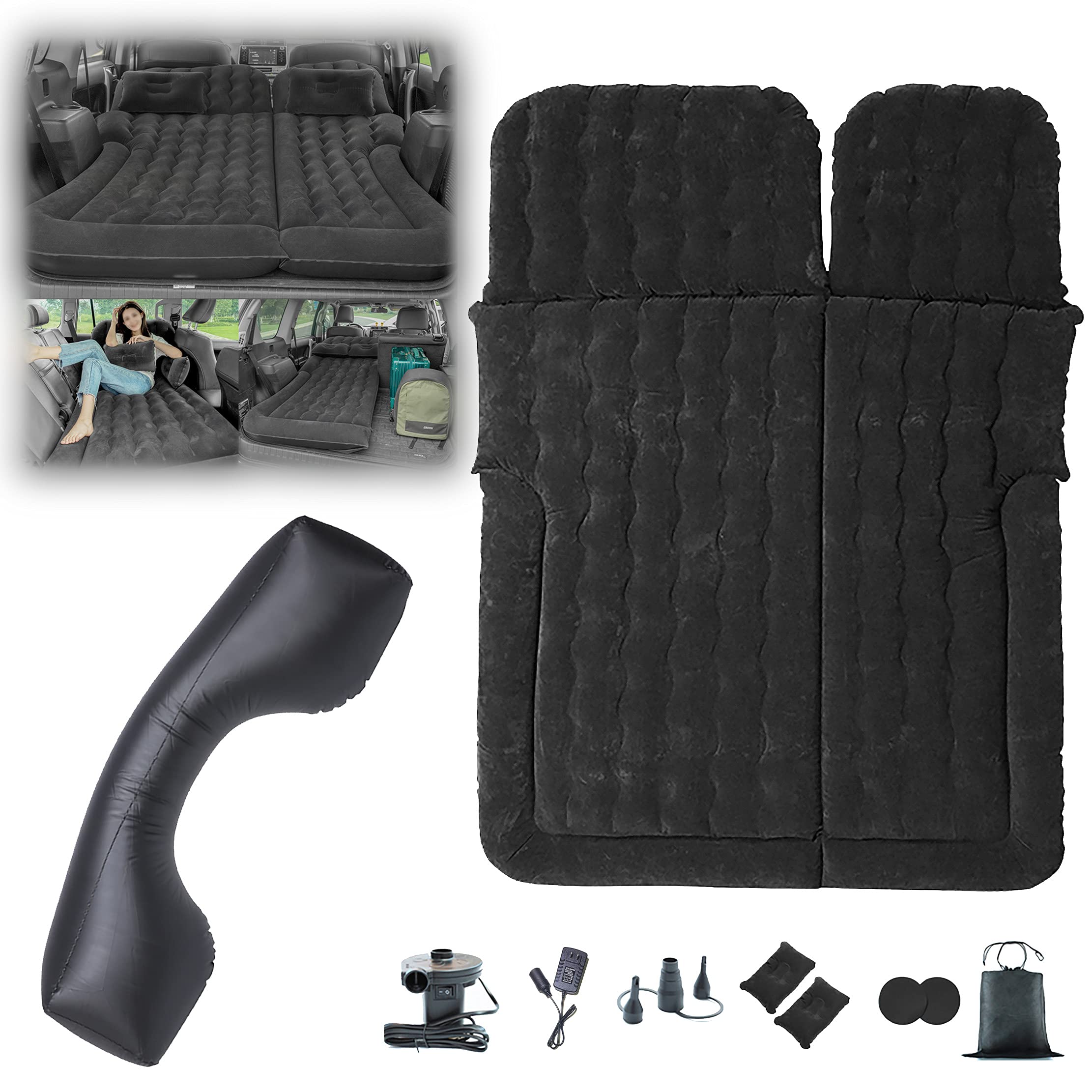 SUV RV Air Mattress Car Bed Camping Cushion Inflatable Thickened Car Air Bed with Electric Air Pump Flocking Surface Portable Sleeping Pad for Travel Camping Minivan Van Trunk