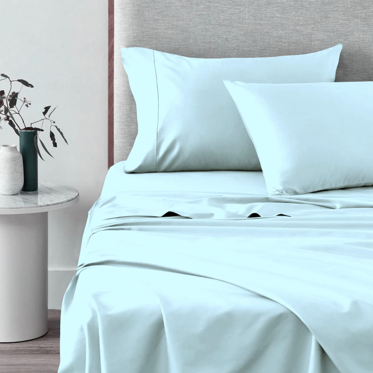Pizuna Pure 100% Cotton Sheets Queen Size, 600 Thread Count Long Staple Cotton Crisp Sateen Sheets Queen with 15" Deep Pocket (Combed Denim Blue Cotton Sheets Queen)