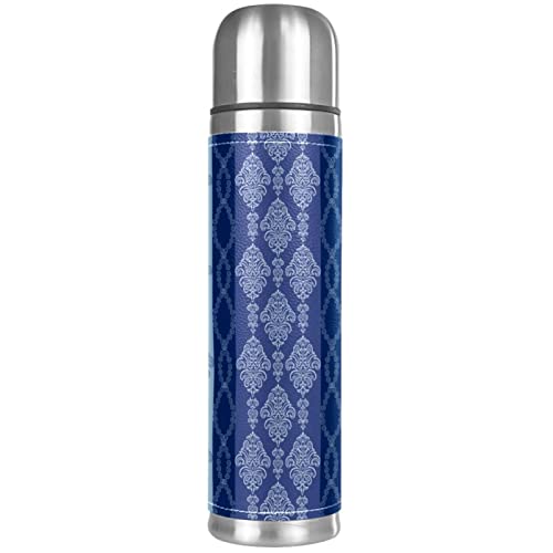 Stainless Steel Leather Vacuum Insulated Mug Vintage Flower Texture Thermos Water Bottle for Hot and Cold Drinks Kids Adults 16 Oz