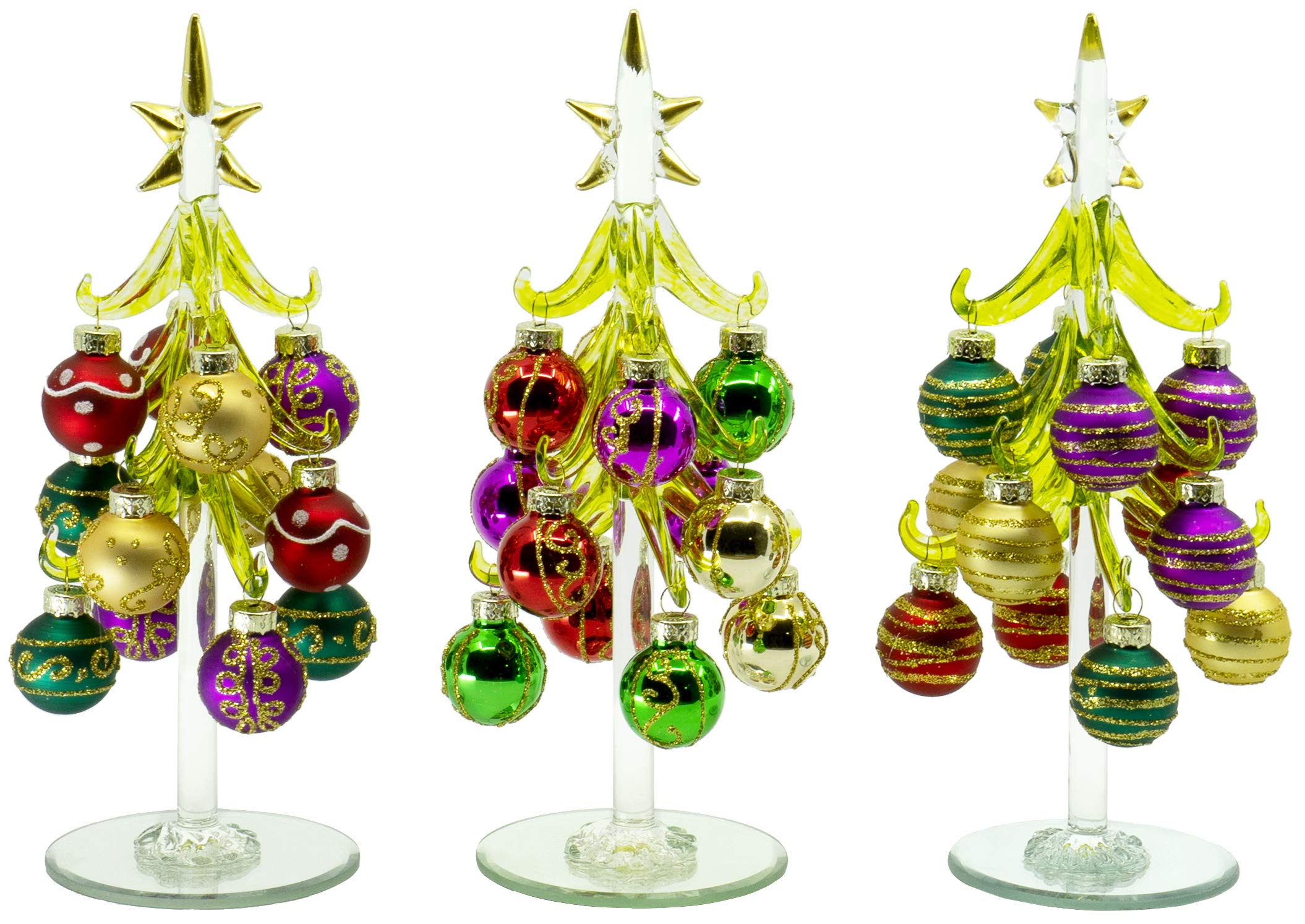 Red Co. 8" Glass Christmas Tree Tabletop Display Decoration with Assorted Ball Ornaments, Holiday Season Decor, Set of 3