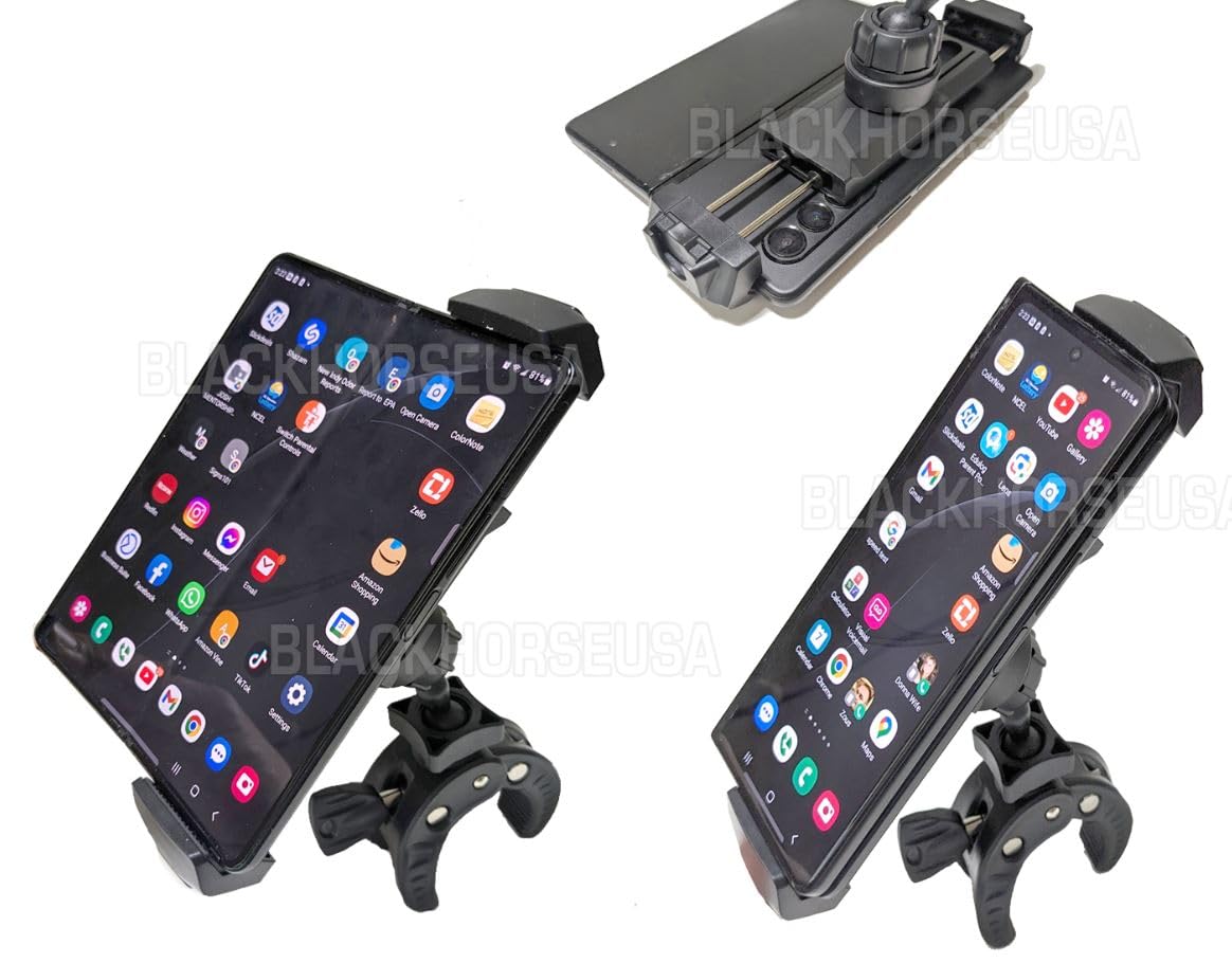 Phone mount and holder compatible with Samsung Z Fold 2 3 4 5 Pixel Fold | BIke, bicycle, car dashboard, treadmill, handlebar, elliptical, stroller, rail, handle, roundbar, golf cart