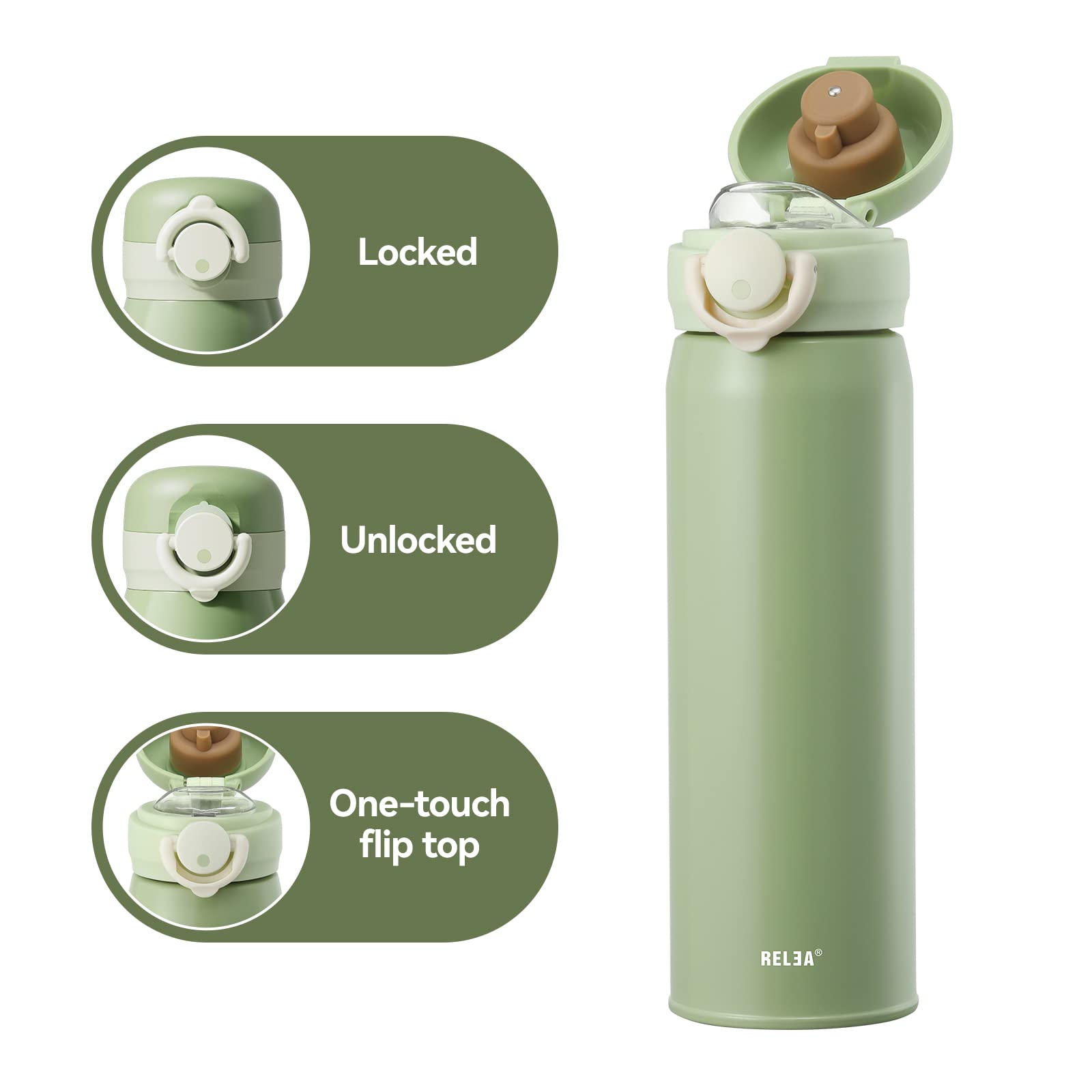 RELEA Kids 16 Oz Insulated Thermos Double Wall Water Bottle, Leak-Proof Sports Flask, Smart Water Bottles, Green