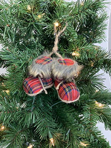 Red Holiday Tartan Plaid Boots with Fur Hanging Christmas Ornament