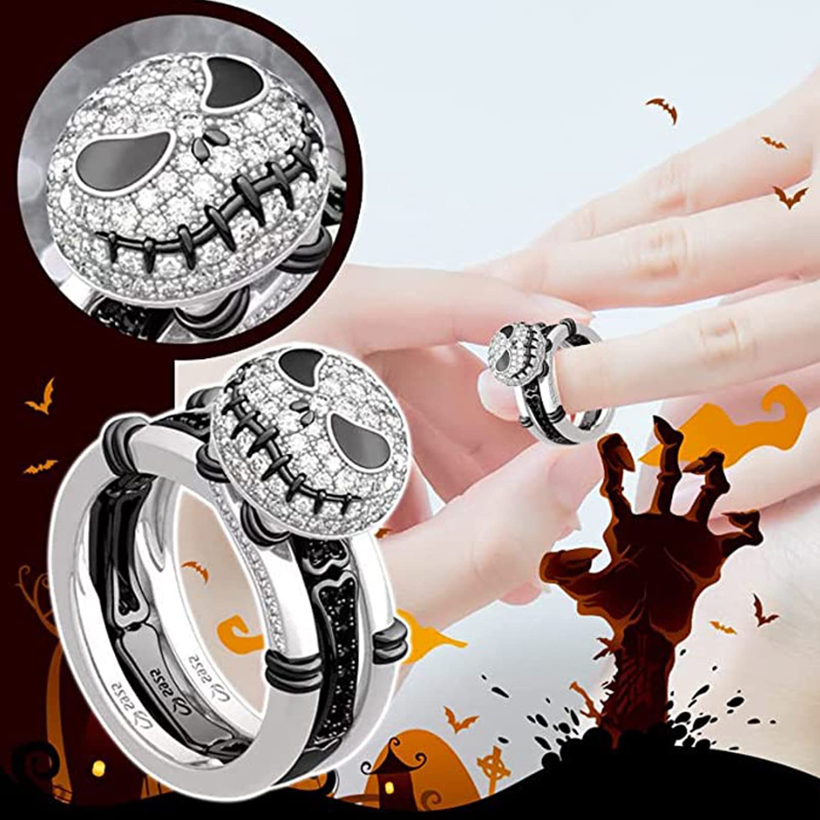 xrxebv Skull Cute Halloween Rings Christmas Ring Black and White Nightmare Before Christmas Ring 2 in 1Skeleton Rhinestone Finger Rings (2 in 1(2), 11)