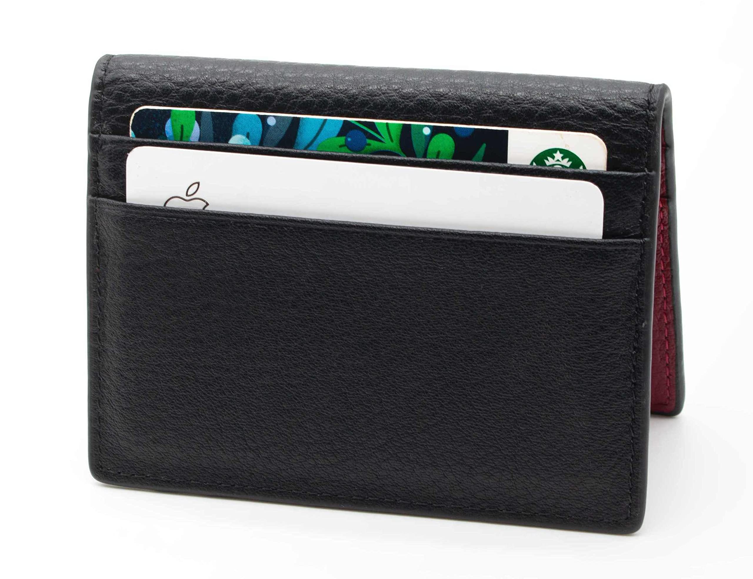 The Tanned Cow- Slim Minimalist Cardholder Wallet for Men Women, Mini Thin Leather Bifold, Compact, Front Pocket Credit Card Holder with RFID Blocking, Gift Box (Bubble leather, Black/Sangria Red)