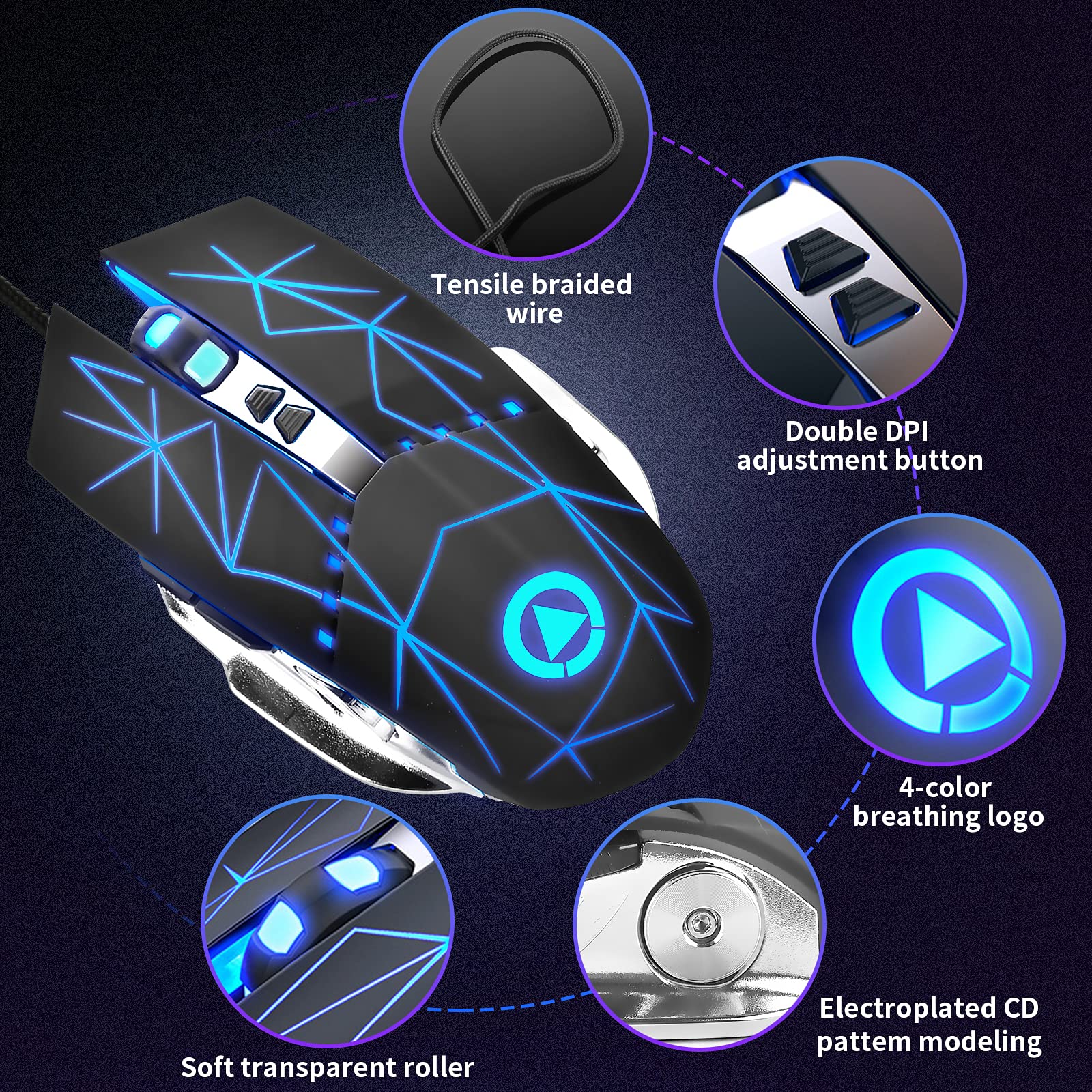 PDTXCLS Silent Click Wired Gaming Mouse, RGB Backlight and 4 Adjustable DPI Up to 3200, 7 Buttons, Ergonomic USB Computer Mouse with High Precision Sensor for Windows PC & Laptop Gamers