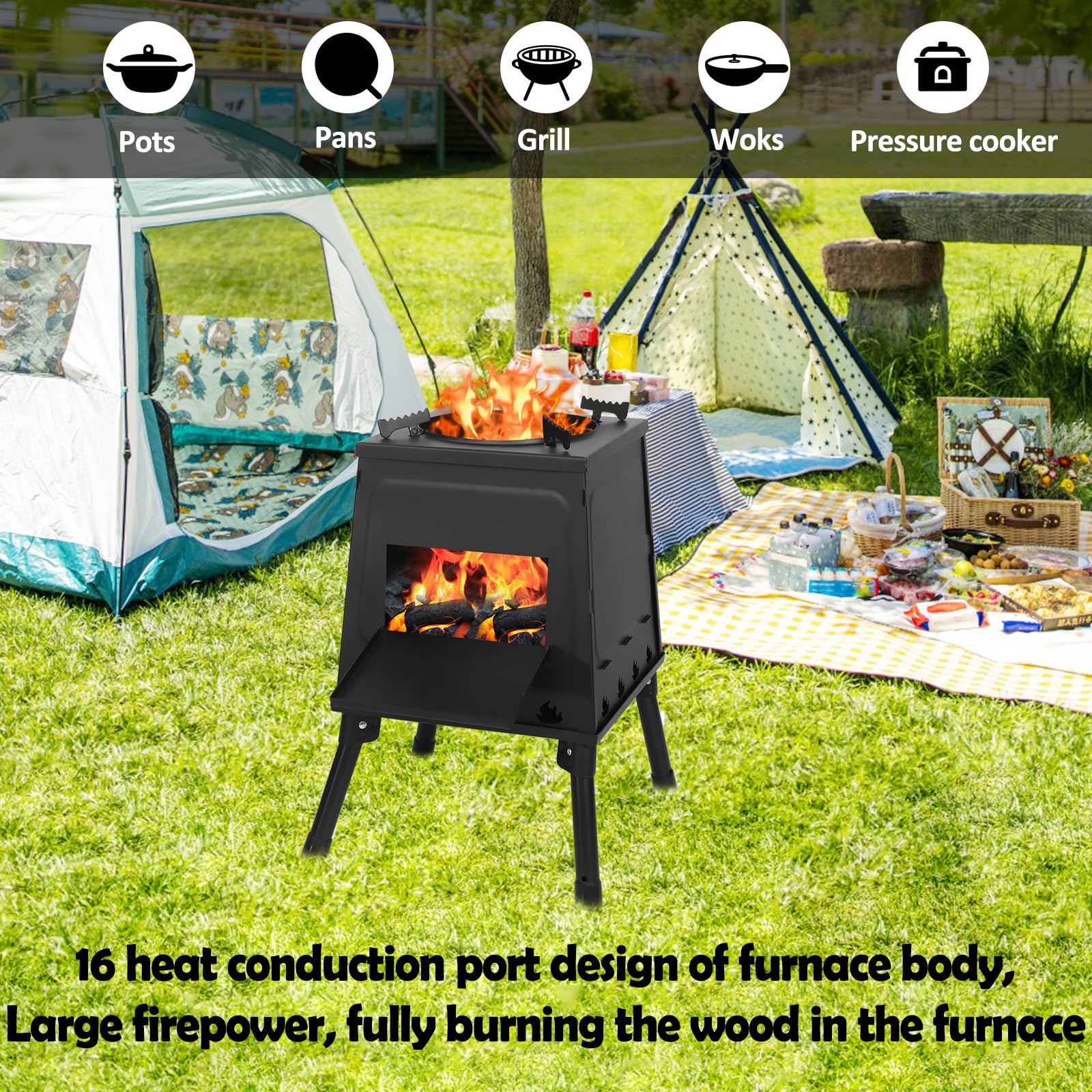 Portable Wood Burning Stove Folding Outdoor Camping Backpacking Stove with Carry Bag for Barbecue Cooking Heating BBQ (Small)