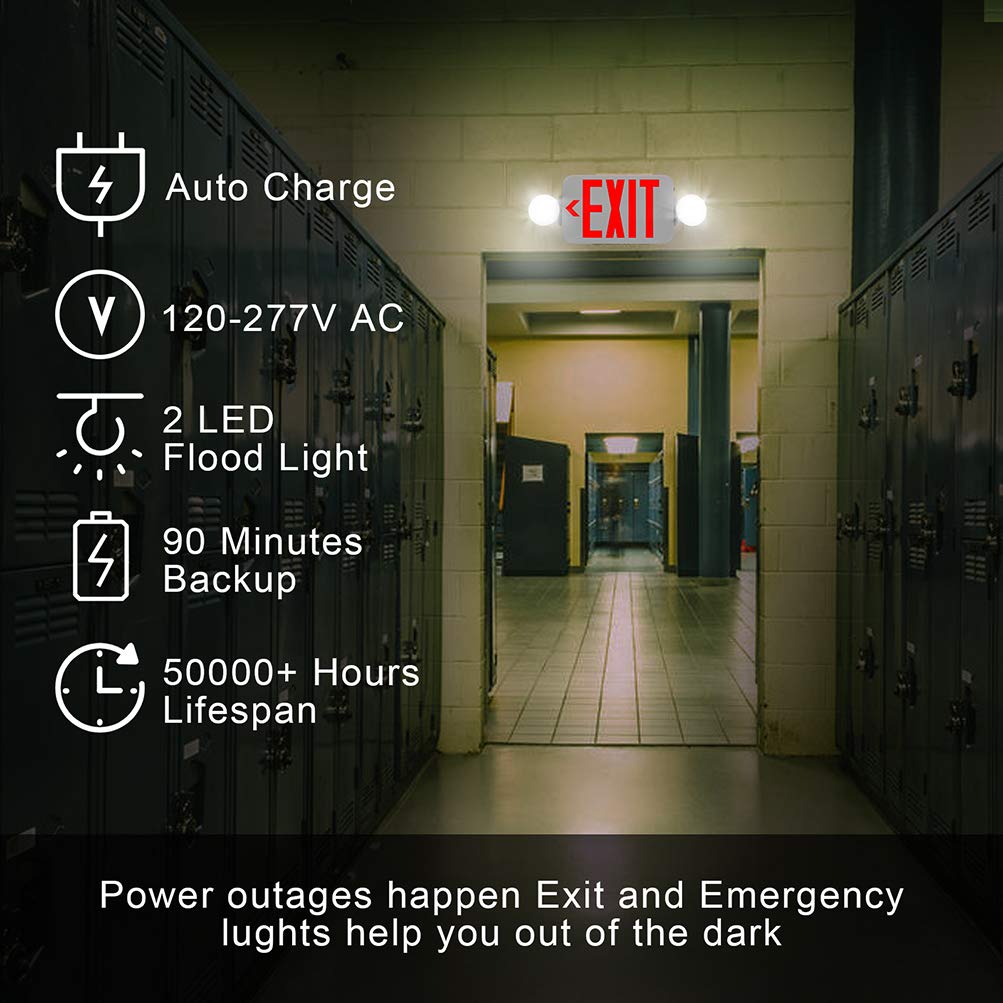 Red Letter Exit Sign Emergency Lights Office Shopping Mall School Exit Sign LED Adjustable Head Emergency Exit Lighting Red Combo Exit Sign Emergency Lights Backup Battery Commercial Grade