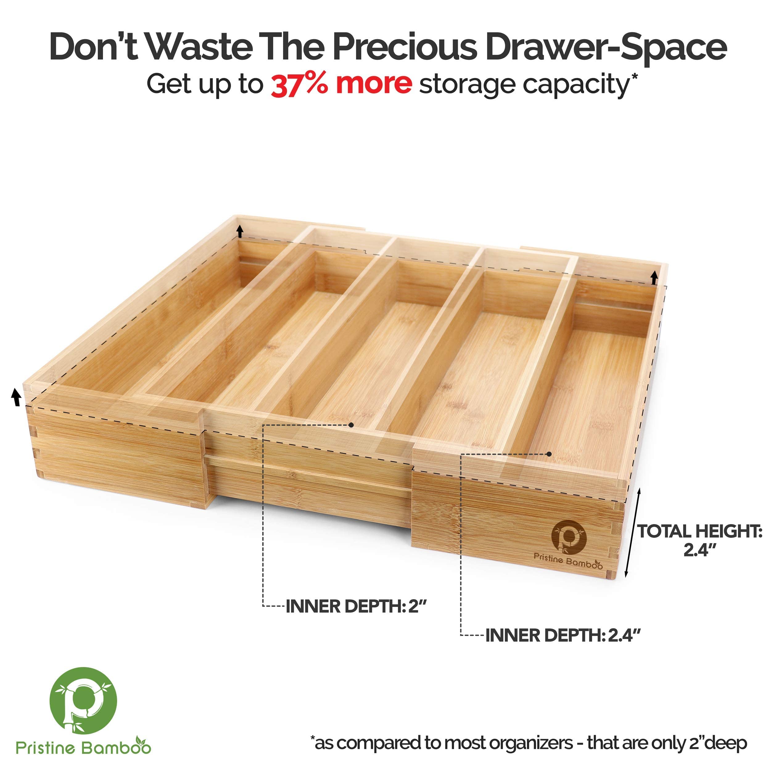 Pristine Bamboo Silverware Organizer– Utensil Organizer for Kitchen Drawers – Extra-Deep Wooden Kitchen Drawer Organizer (10 Slots, 5 Slots) Expandable and Fixed Organizers