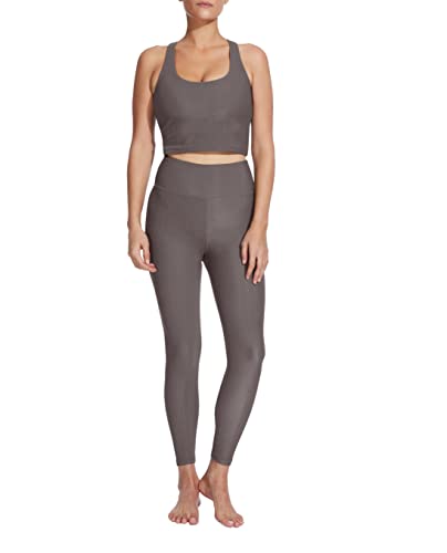 Sage Women's High Rise Moisture Wicking Tummy Control Slimming Stretch Yoga Athletic Ribbed Folded Edge High Waisted 7/8 Legging, Shark, Small