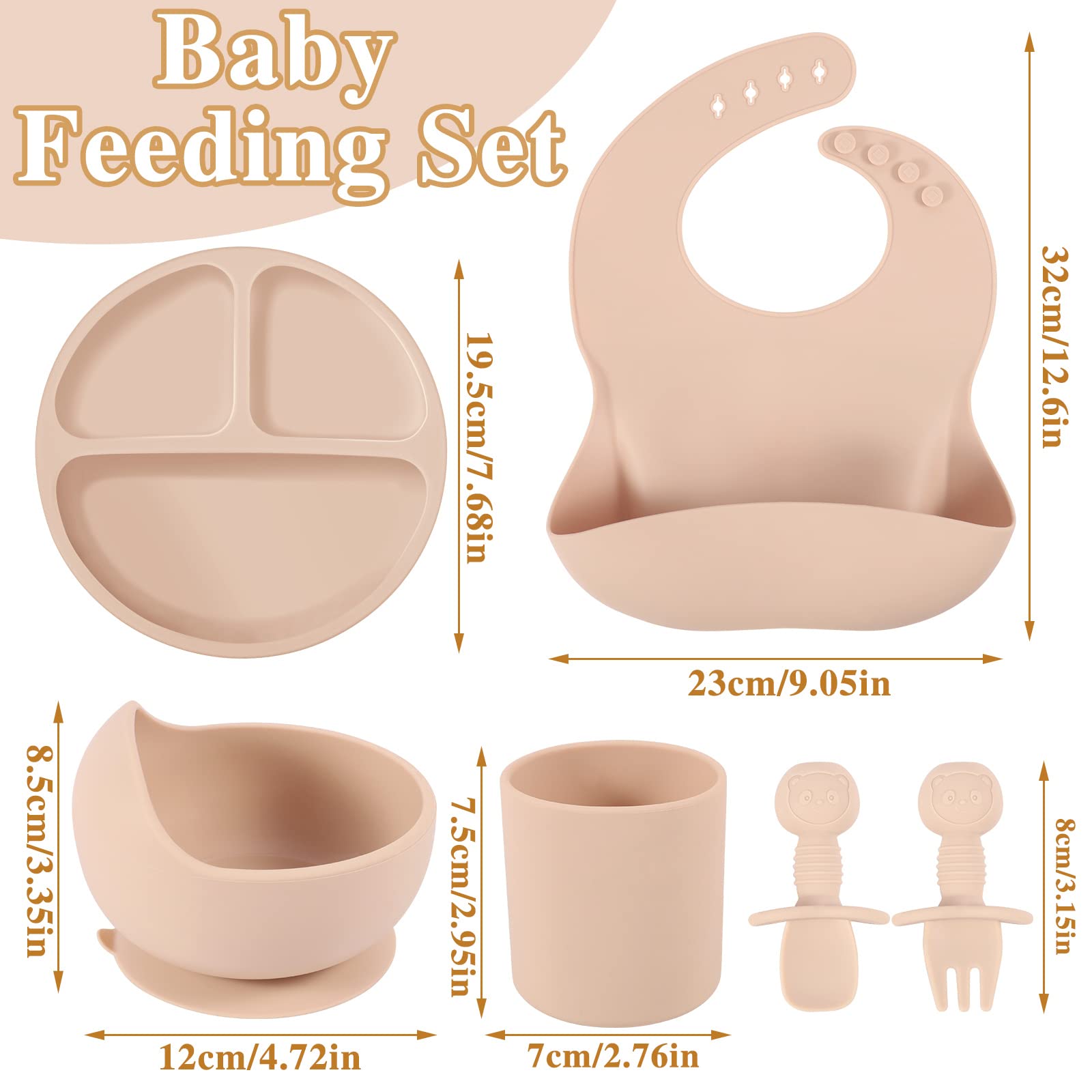 Pimoys 6 Pack Silicone Baby Feeding Set Baby Led Weaning Supplies Suction Bowl Plate Bib Tiny Cup Toddler Dishes with Fork & Spoon, Baby Eating Utensils Microwave & Dishwasher Safe