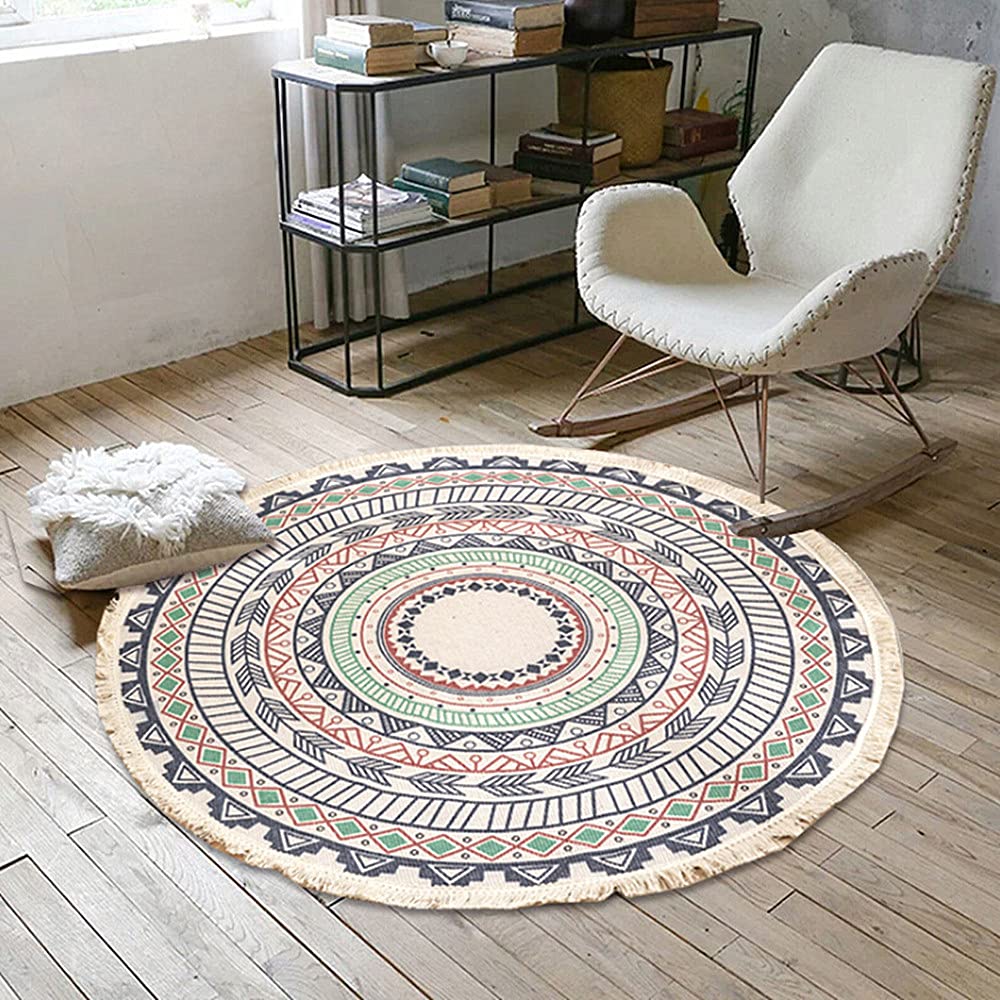 Poowe Round Cotton Rug Woven Tassel Throw Rug Washable Area Rug for Living Room Bedroom Kitchen Bathroom (Shapes)