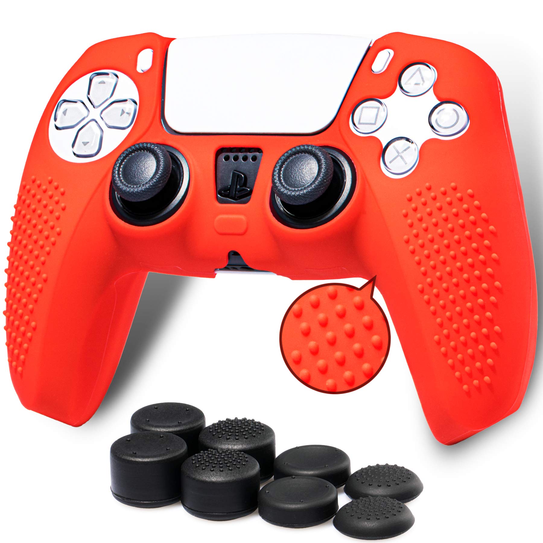 Playrealm Soft 3D Dots Silicone Skin Cover x 1 & Thumb Grips x 8 for PS5 Dualsenese Controller (Red)