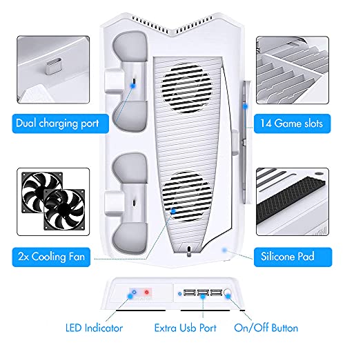Playstation 5 Charging Station with Cooling Fan, Vertical Solid Stand Ps5 Console. Two Controllers Charger Station with Charging Indicator, Retractable Game Slot, White
