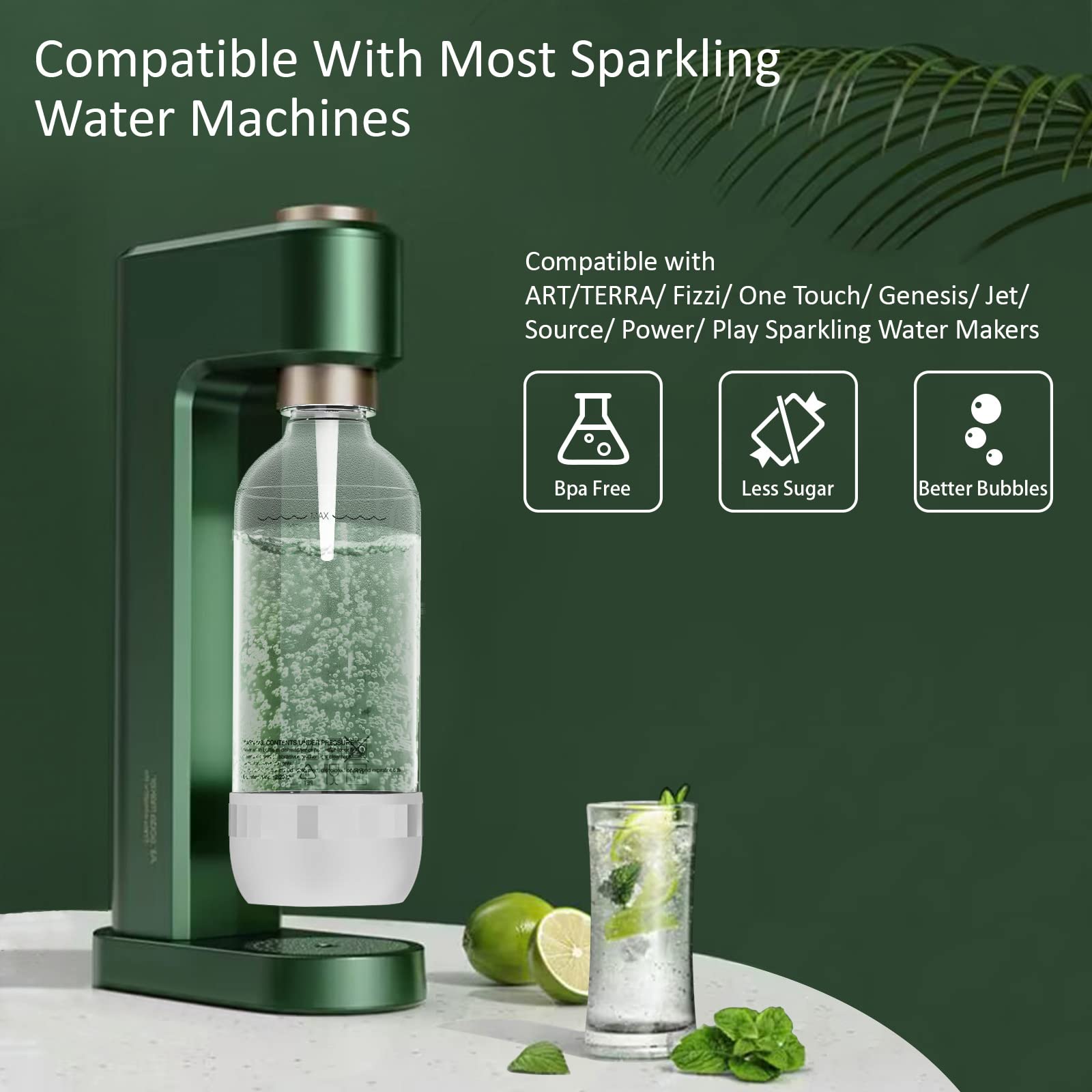 pinci Sparkling Water Bottle,Carbonating Bottle,Soda Maker Bottles Compatible for Soda Stream,BPA Free Reusable Bottle(2 Pack 1-Liter)