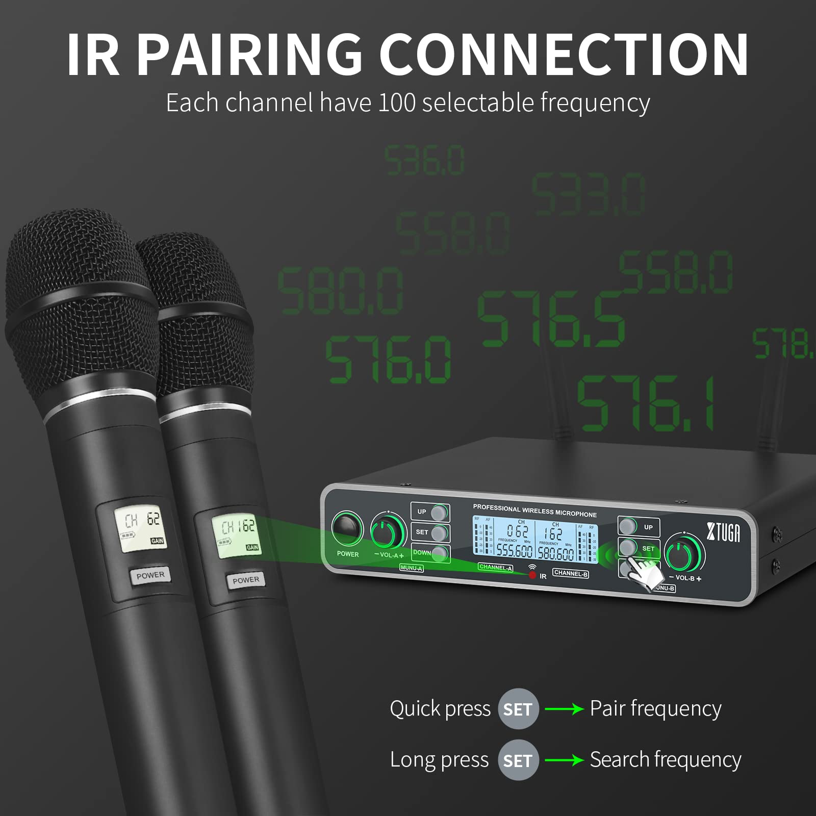 XTUGA 2x100 Channel UHF Wireless Microphone System,Dual Wireless Mics Dynamic Handheld Microphone, Auto Scan, 328ft for Church/Karaoke/Weddings/Events