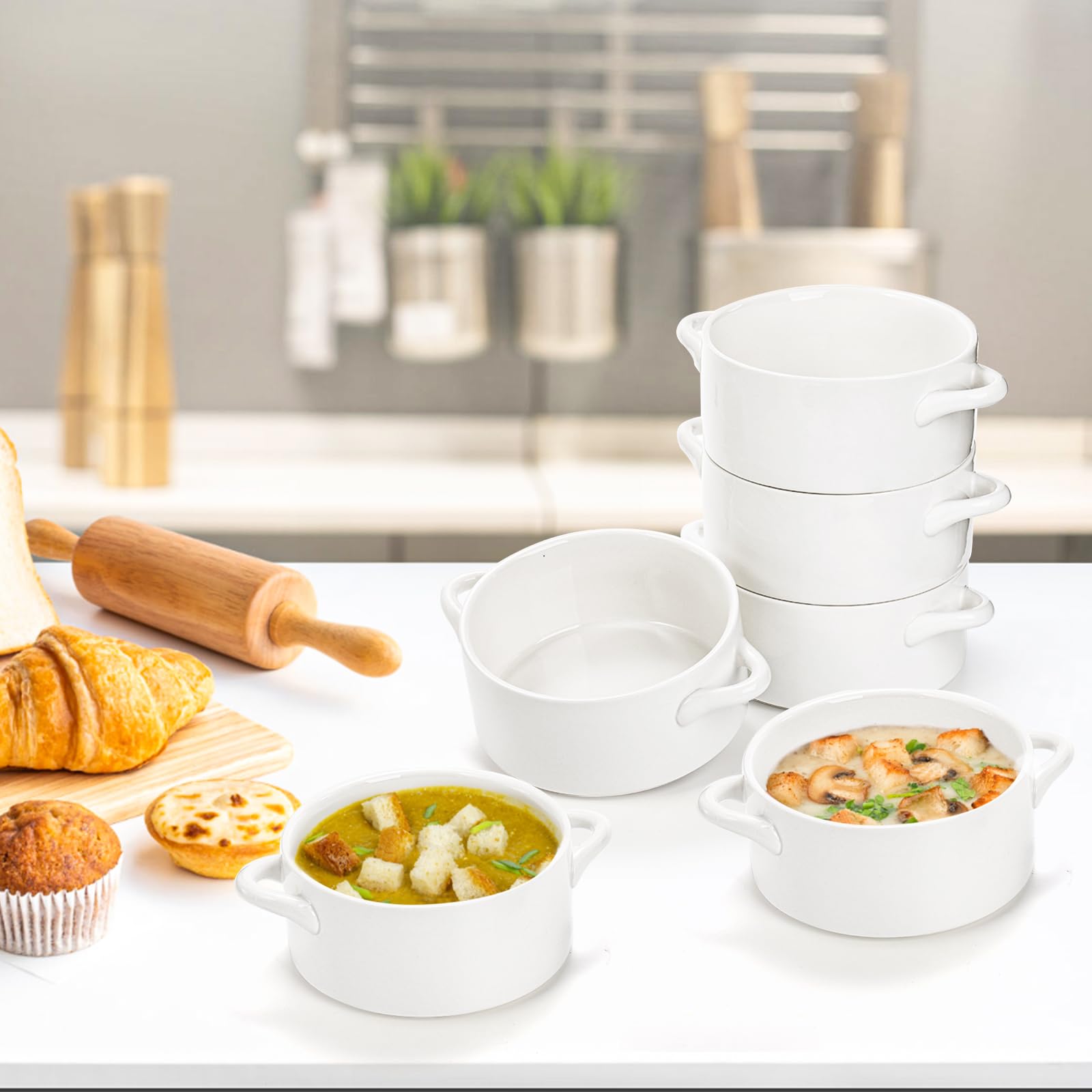 SOUJOY 6 Pack French Onion Soup Bowls, 22Oz Porcelain Serving Soup Bowls with Handles, Oven Safe Crocks for Soup, Cereal, Chill, Pot Pie, Beef Stew