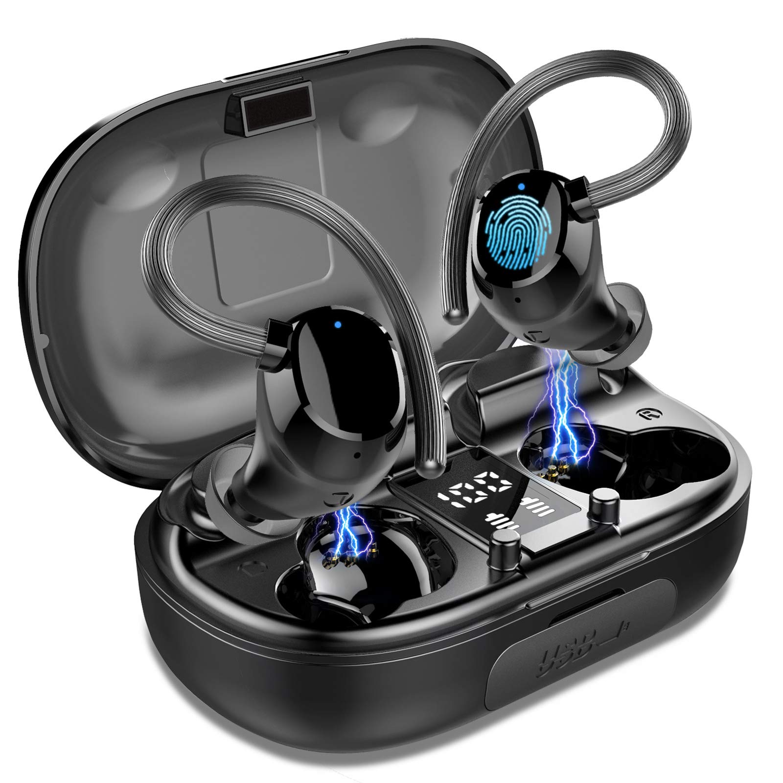 Wireless Earbud Sport in Ear Bluetoth Headphones with Earhooks,100H Playtime,Digital Power Display,Noise Cancelling Ear Buds with Mic,Over Ear Wireless Earphones,Waterproof Bluetoth 5.1 Earbud