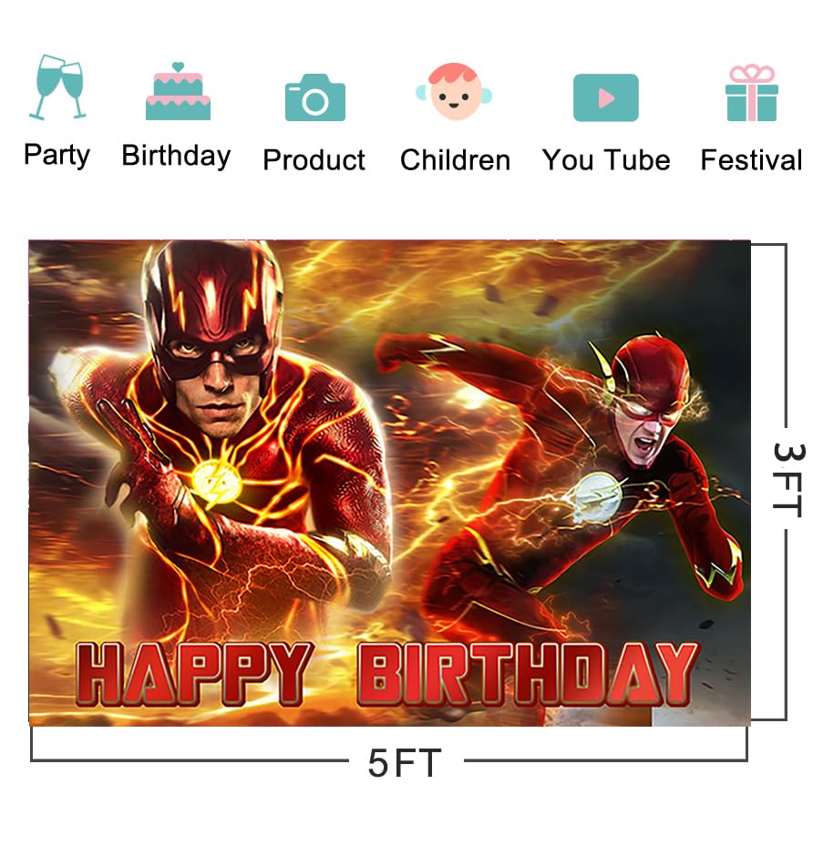 Red The Flash Backdrop for Birthday Party Decorations Hero Background for Baby Shower Party Cake Table Decorations Supplies Superhero The Flash Theme Banner 5x3ft