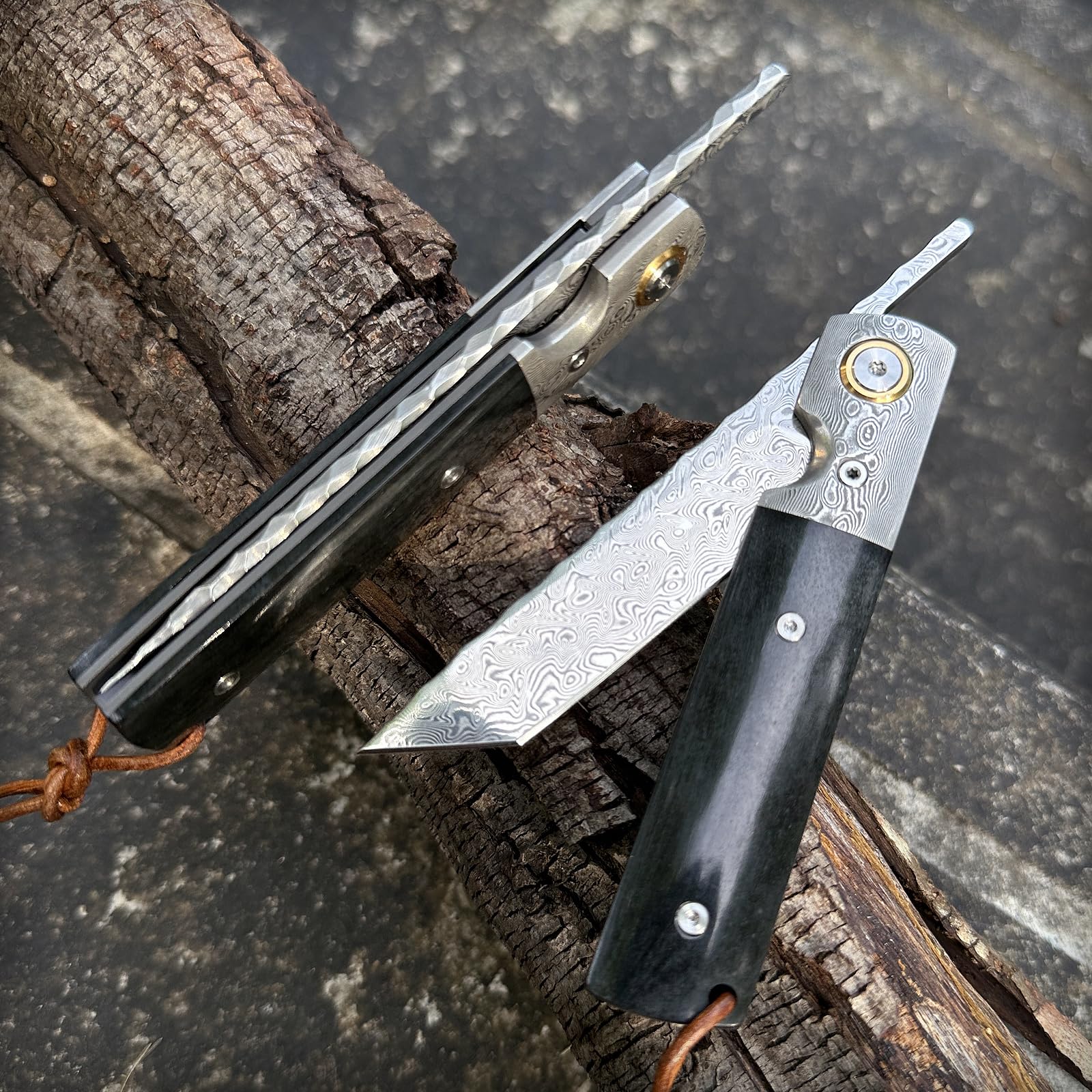 MINOWE Japanese Damascus steel steel pocket knife，Handmade 3-inch high hardness sharp blade，With Leather Sheath ，Ceramic steel ball bearings+Frame Lock ，Cowbone handle，for home and outdoor Folding Pocket Knife