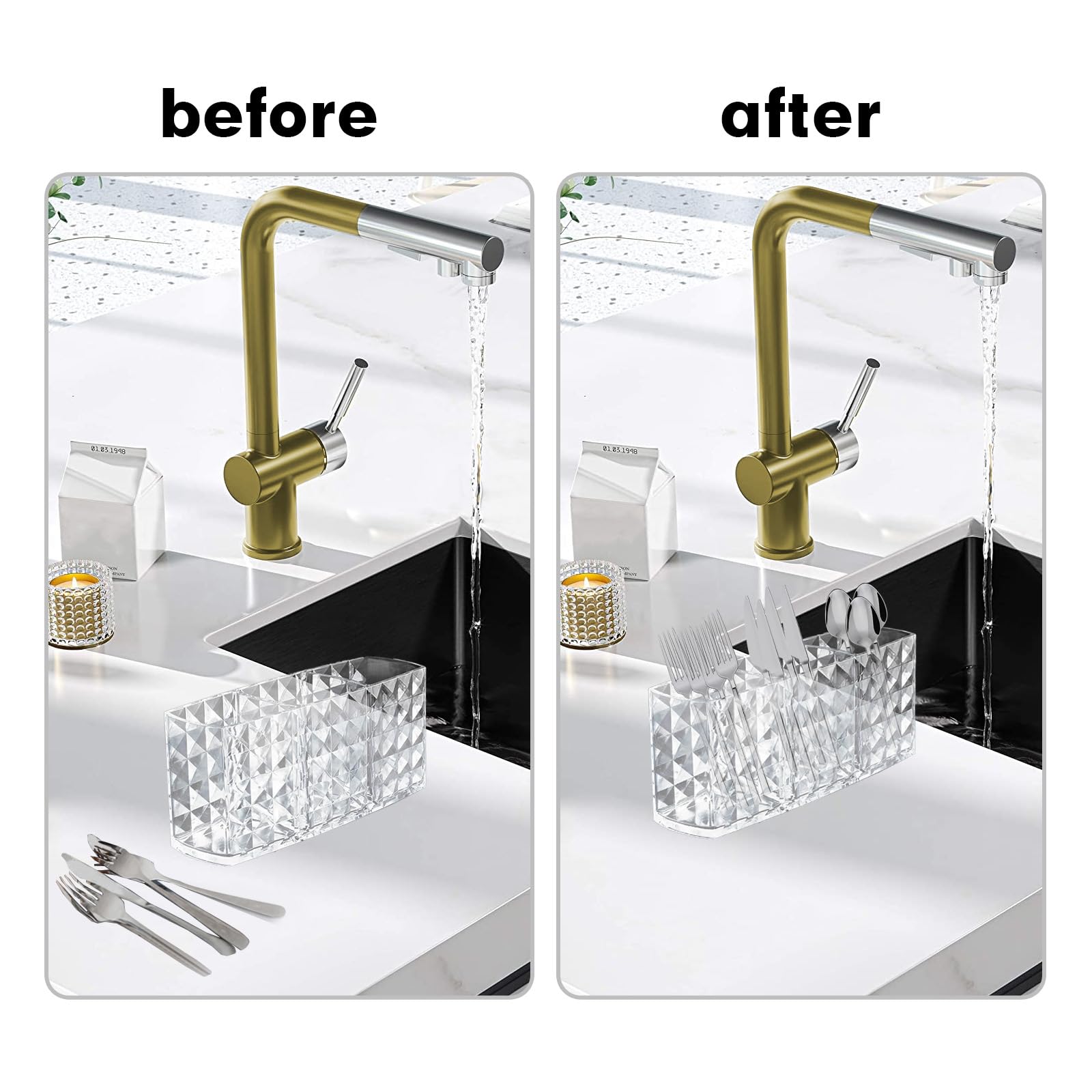 POPGIO 2 Packs Utensil Holder Organizer Countertop Counter Cutlery Flatware Storage Caddy for Kitchen 3 Divided Section 6 Slots Plastic Clear