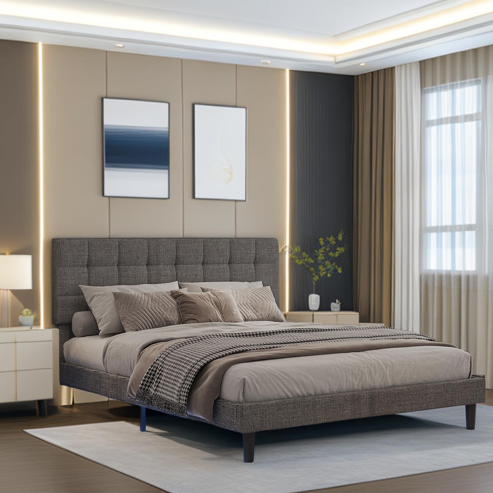 MegaChunk Queen Size Upholstered Platform Bed, Linen Grey Bed Frame with Lights, Square Stitched Adjustable Headboard, Strong Wooden Slats, No Box Spring Required