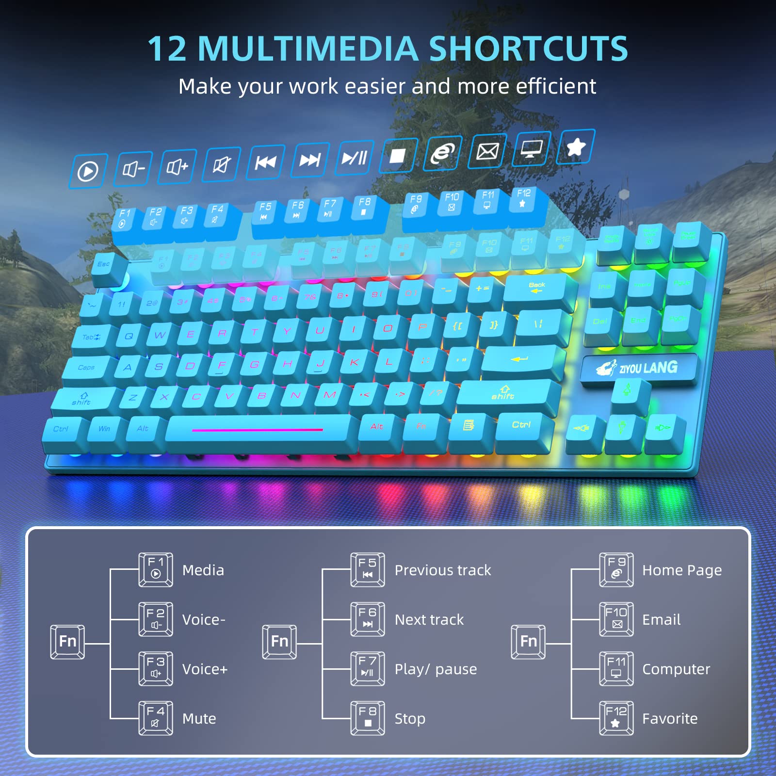 Wireless Gaming Keyboard and Mouse Combo,Rainbow Backlit 87 Keys Membrane Keyboard,2.4GHz Rechargeable 4000mAh Keyboard Mouse, Dual-Head USB&Type C Receiver for PC/Smart Phone/Laptop/Tablet/PS4(Black)