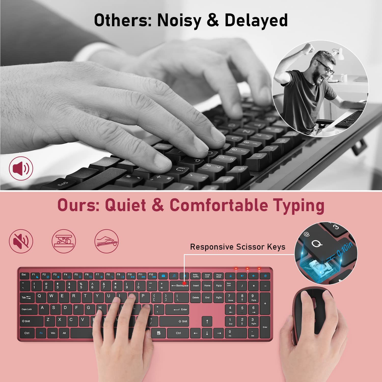 Wireless Keyboard and Mouse, Super Slim Keyboard with Responsive Keys, Silent Mouse and 2.4GHz USB Receiver, Battery Powered Full Size Cordless Combo for Mac, Computer, PC, Chromebook (Wine Red)