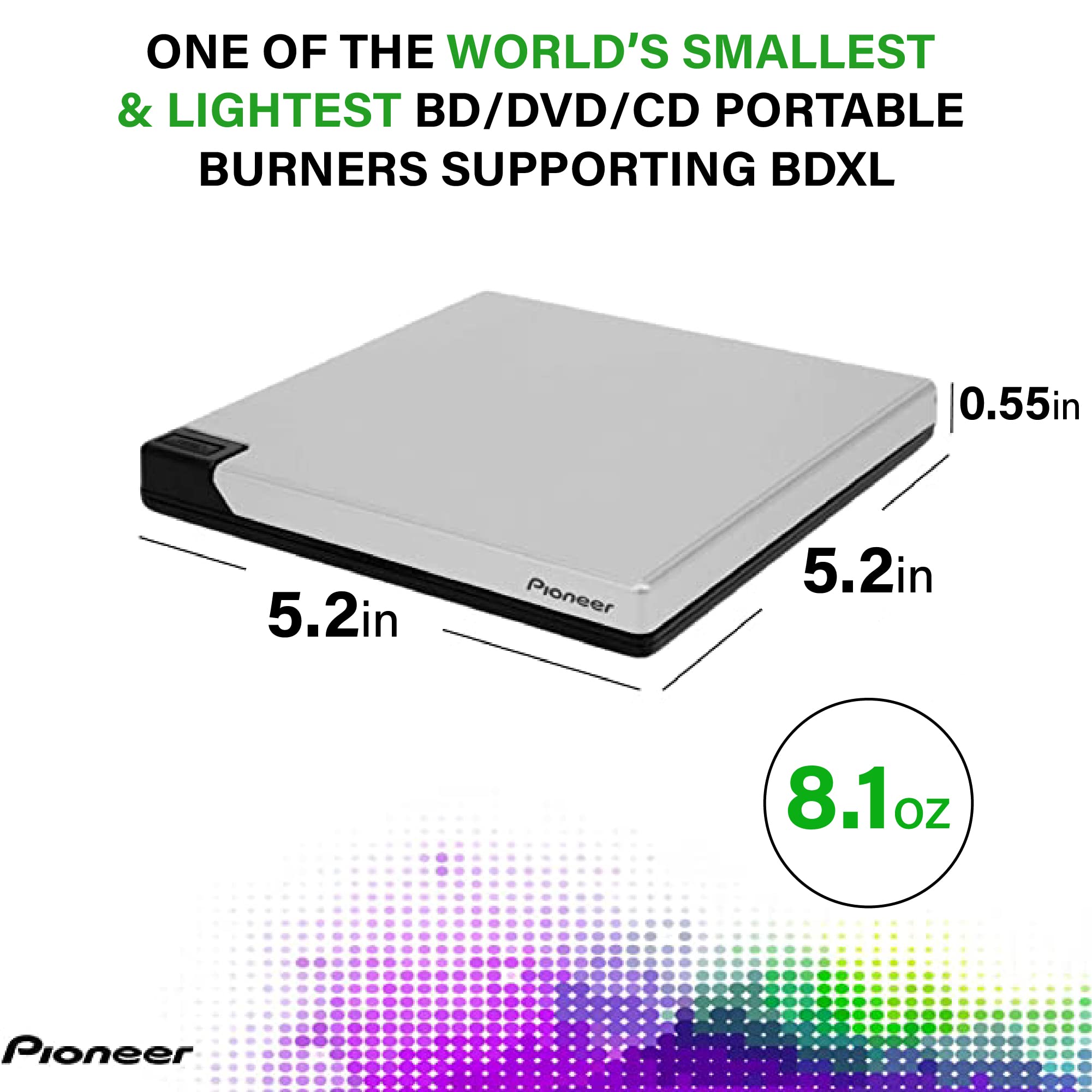 Pioneer BDR-XD07S External Blu Ray Drive - 6X Slim Portable BDXL, BD, DVD & CD Burner for Windows & Mac with 3.0 USB - Write & Read on Laptop & Desktop, w/ Carry Case, Software Sold Separately