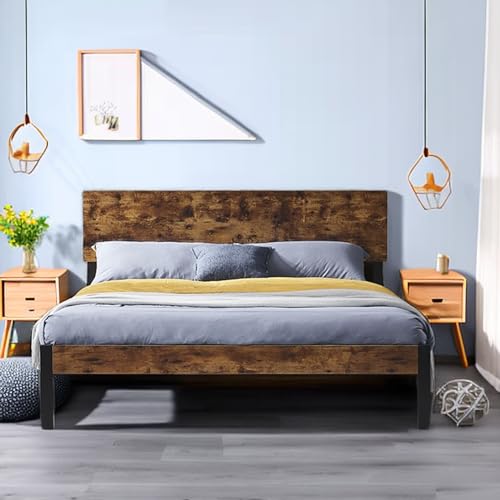 MegaChunk Queen Size Metal Platform Bed Frame with Wooden Headboard and Footboard, Easy Assembly, No Box Spring Needed, Large Under Bed Storage, Black