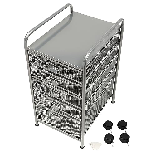 Rolling Carts with Wheels and Drawers, Metal Mesh 5 tier Rolling File Cart File Cabinet with Drawers Storage Cart, Silver