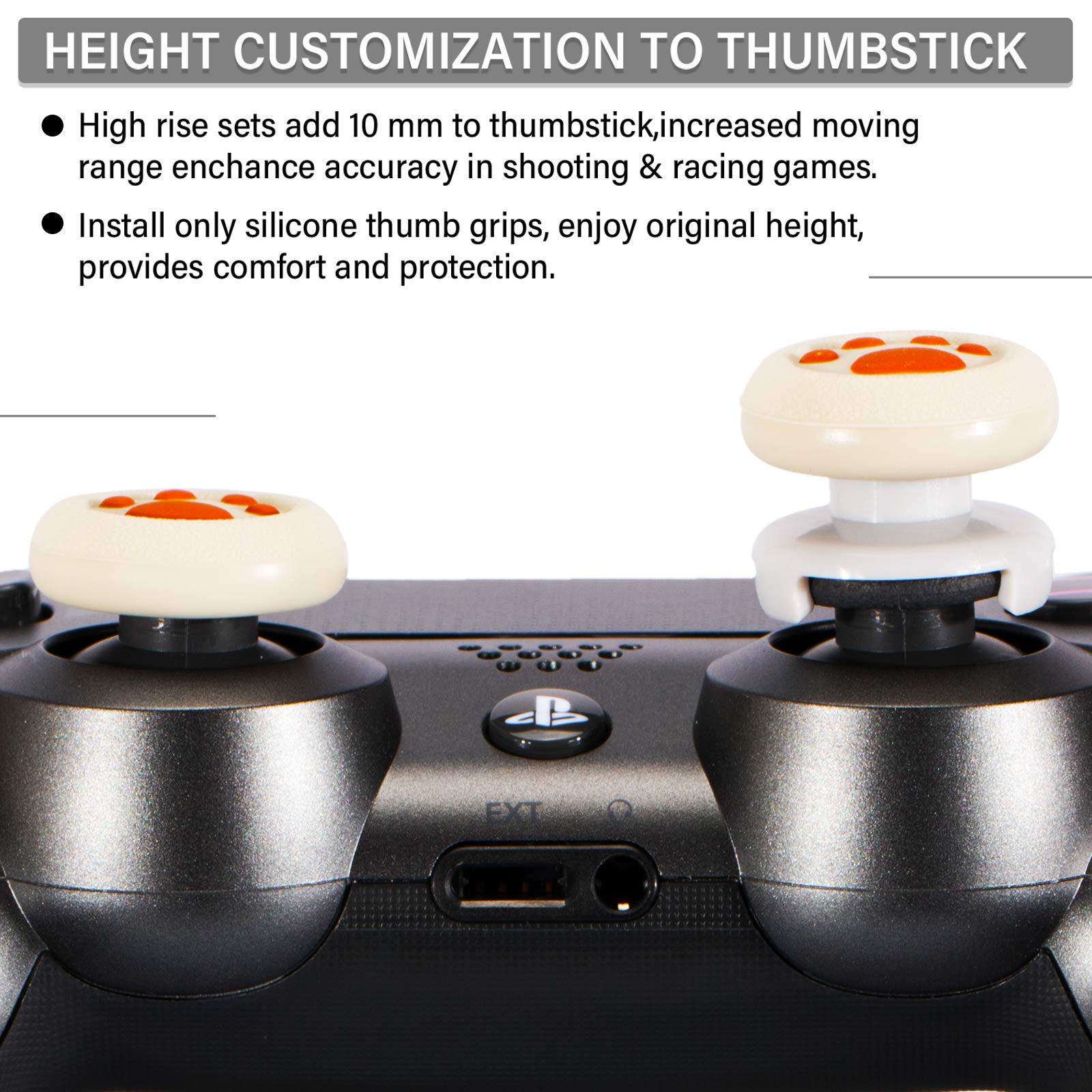 Playrealm FPS Thumbstick Extender & 3D Texture Rubber Silicone Grip Cover 2 Sets for PS5 Dualsenese & PS4 Controller(Cat Paw Brown)