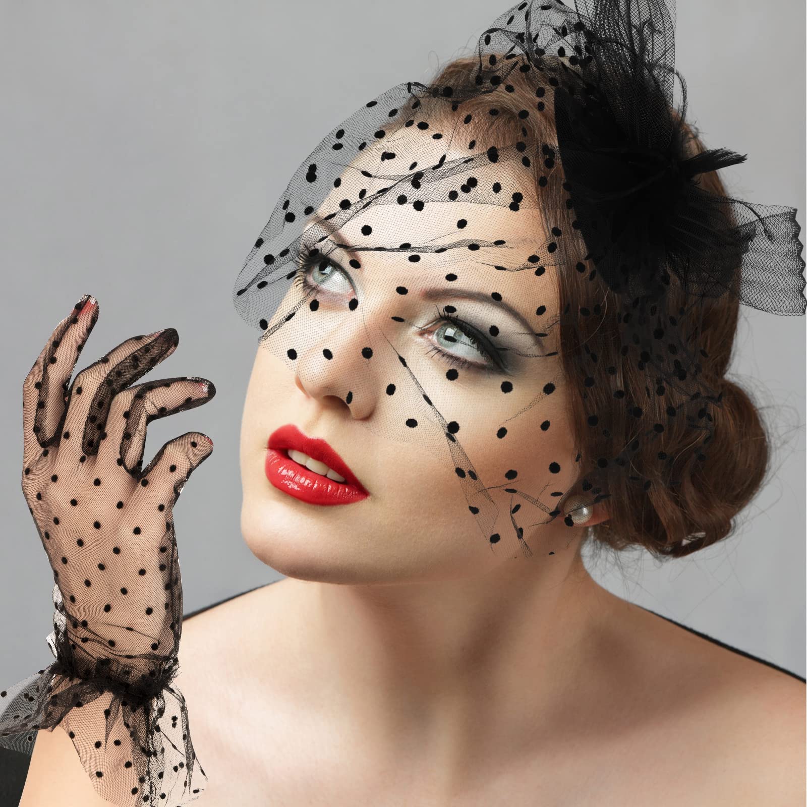 Yolev Fascinator Hat Faux Feather Mesh Veil Hat Short Lace Glove 50s Costume Accessories for Women Wedding (Spotted) Black