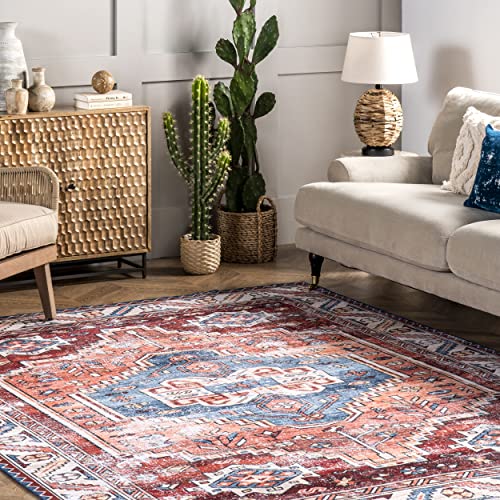 nuLOOM Marli Machine Washable Faded Medallion Ultra Thin Area Rug, 9' x 12', Rust