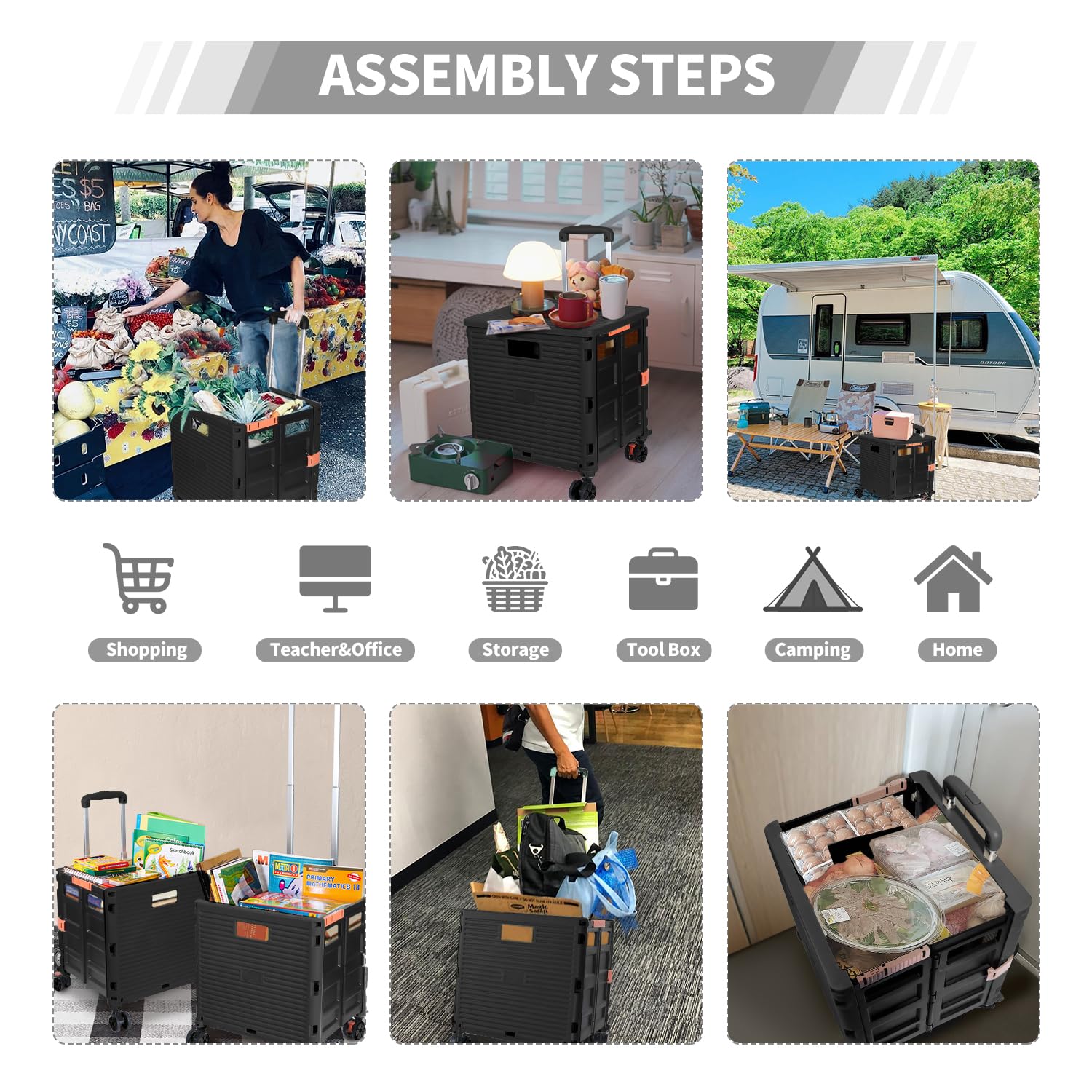 Rolling Crate Utility Cart Collapsible Tote Basket Teacher Cart with Lid Wear-Resistant Noiseless 360°Rotate Wheel Telescoping Handle for Trave Moving Luggage Use(Black,110lbs)