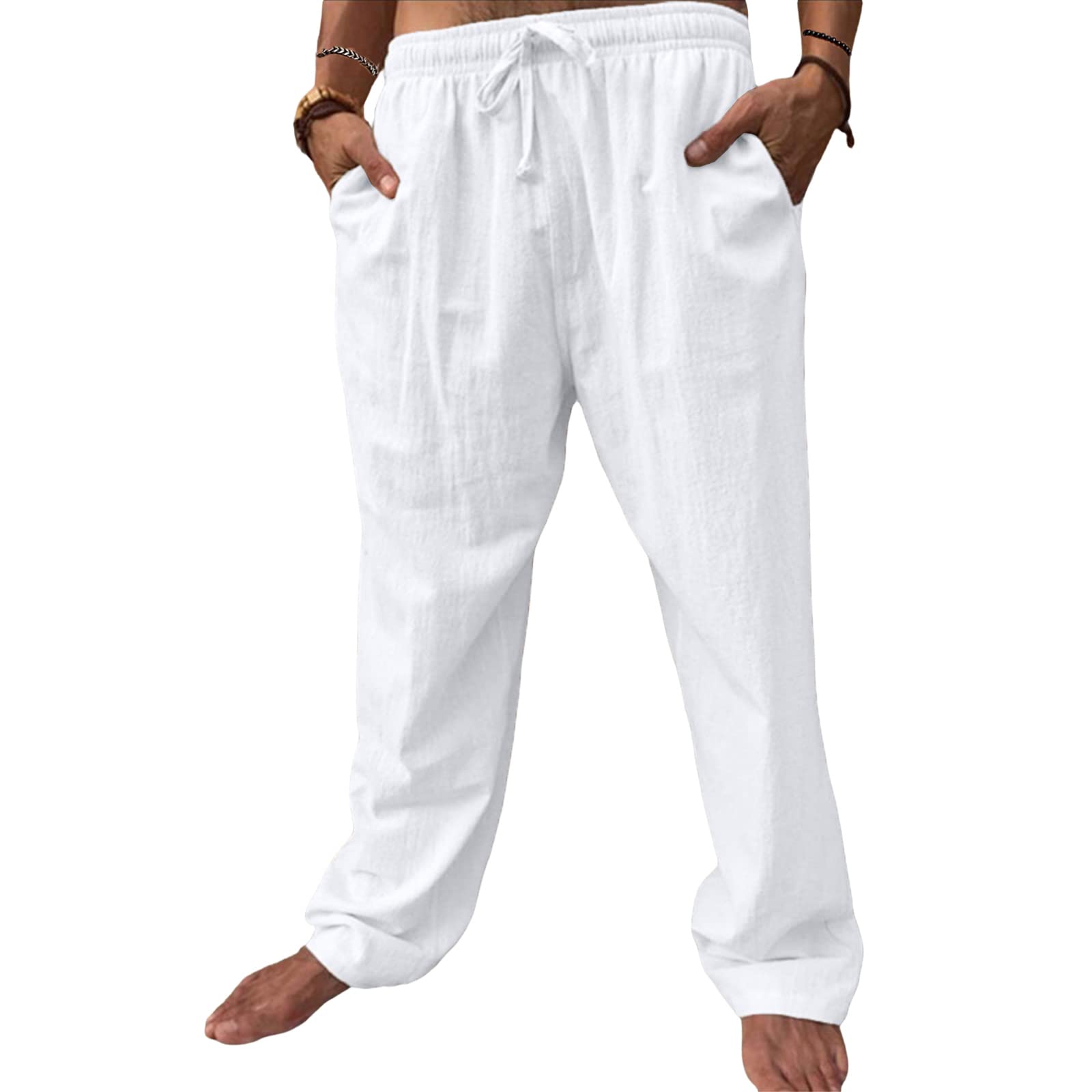 Mens Casual Linen Pants Loose Fit Lightweight Drawstring Summer Beach Yoga Pants Long Trousers White