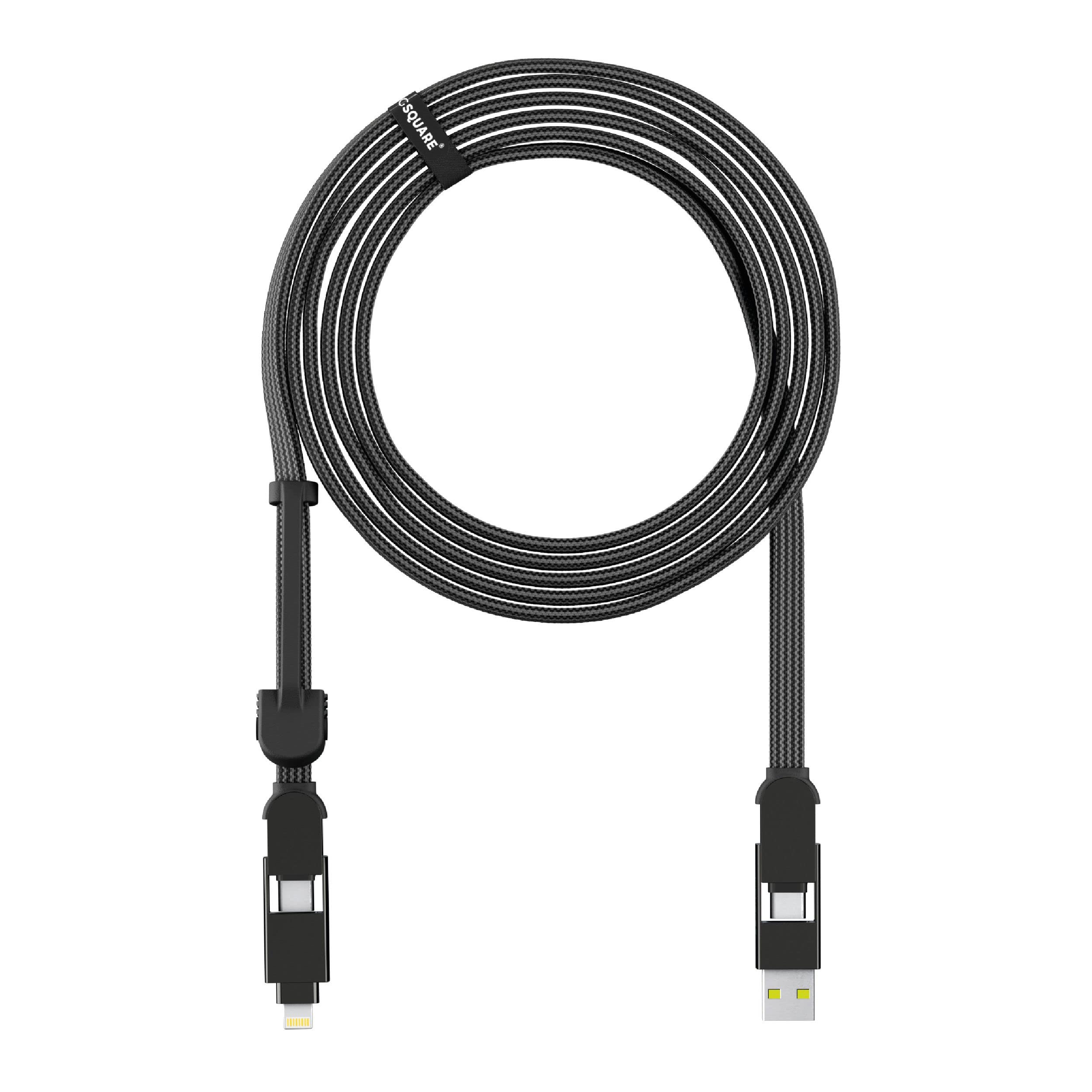 Rolling Square inCharge XL 6-in-1 Multi Charging Cable, Portable USB and USB-C Cable with 100W Ultra-Fast Charging Power, 10 Ft/3m, Urban Black