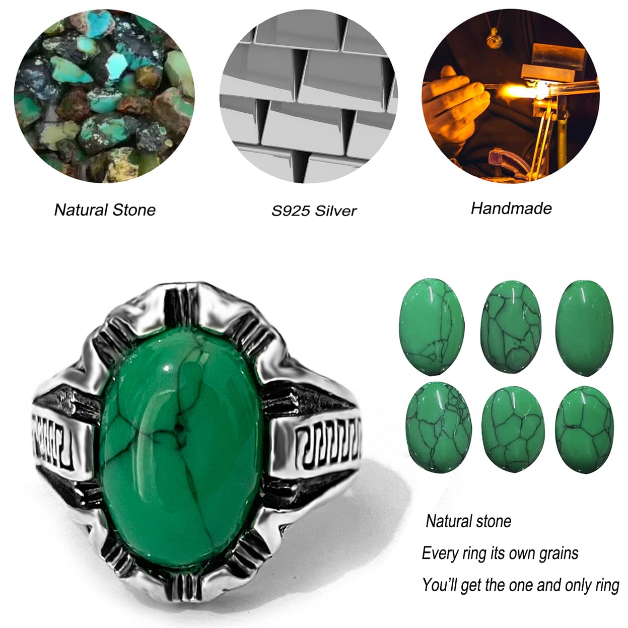 Retro S925 Silver Rings for Men Women,Natural Agate Onyx Stone Ring,Vintage Green Turquoise Garnet Turkey Rings,Oval Shaped Gemstone Rings Jewelry, Silver, Agate