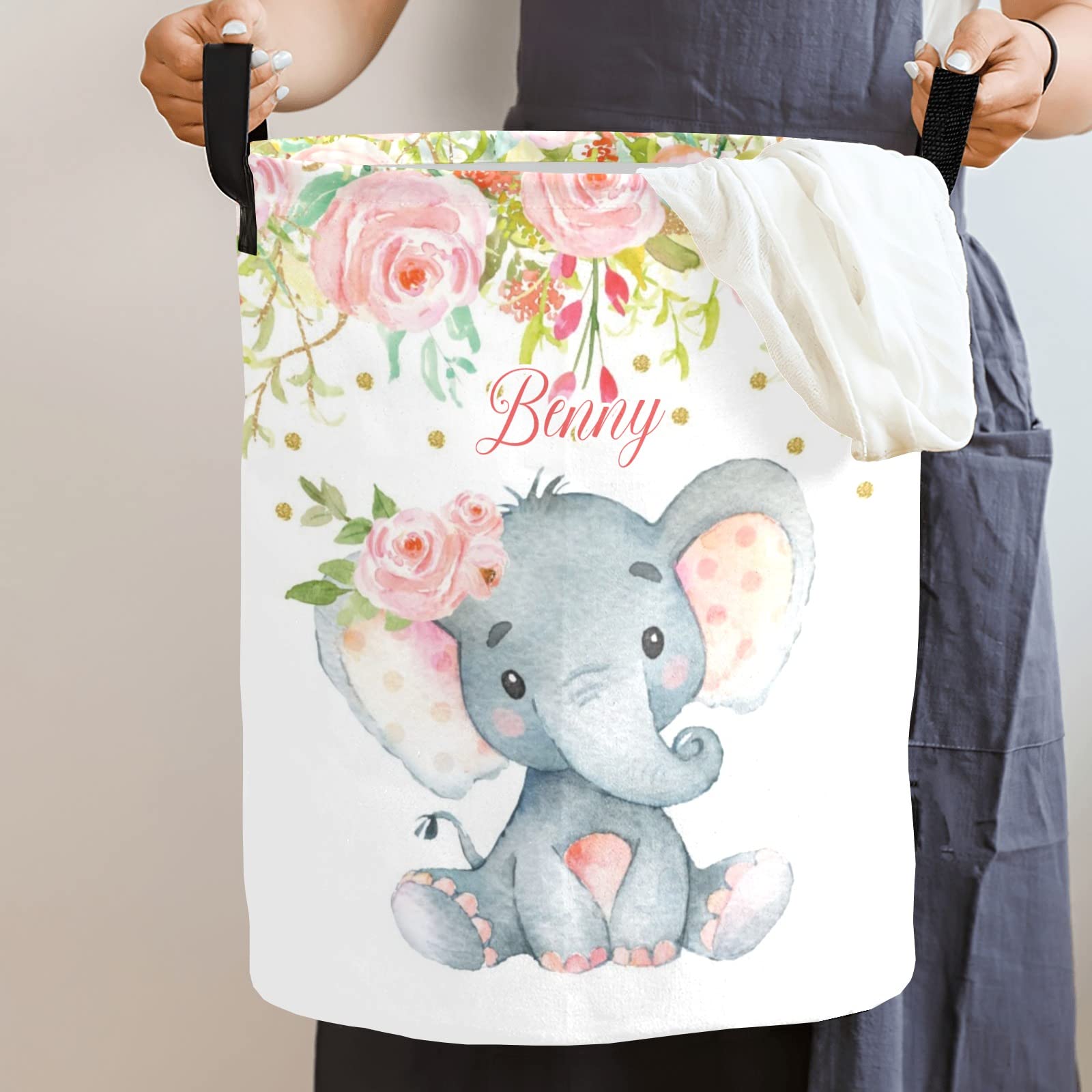 Pink Flower Elephant Personalized Laundry Hamper,Custom Name Collapsible Waterproof Laundry Basket Storage Bins with Handle for Clothes,Toy,Nursery