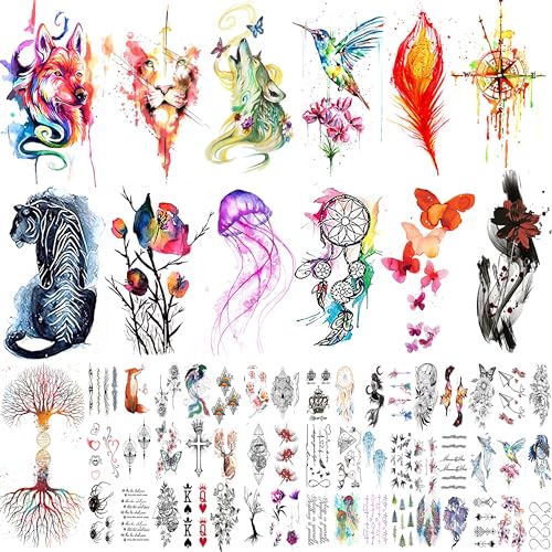 Quichic 180+ Pieces Watercolor Animal Temporary Tattoos, Flower Aesthetic Tattoos for Women Kids, Includes 14 Large Long Lasting Fake Tattoos Party Favors for Kid