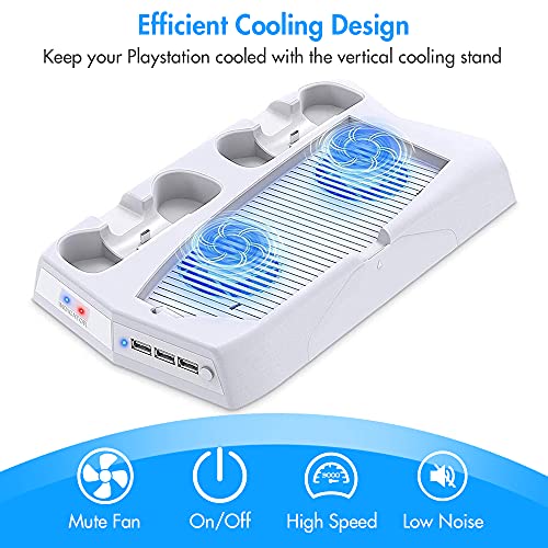Playstation 5 Charging Station with Cooling Fan, Vertical Solid Stand Ps5 Console. Two Controllers Charger Station with Charging Indicator, Retractable Game Slot, White