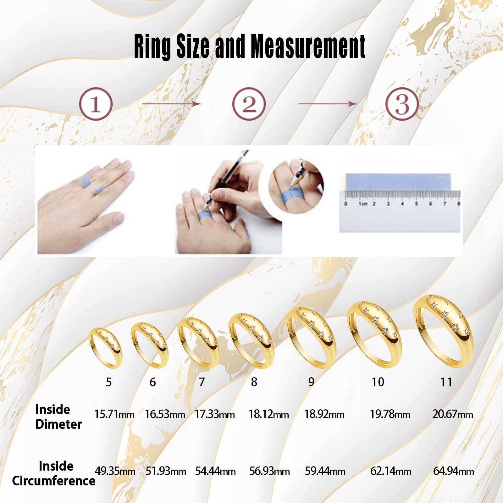 Reaowazo Women Star Ring Gold Chunky Dome Ring Cubic Zirconia Shiny Statement Gold Plated Rings Size 9