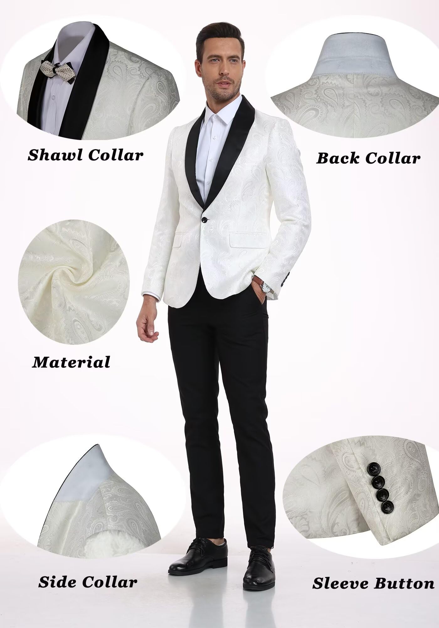 Mens Floral Tux Dress Suit Jacket Formal Print Shawl Lapel 1 Button Slim Fit Blazer Dinner Wedding Prom Sport Coat White 3XL