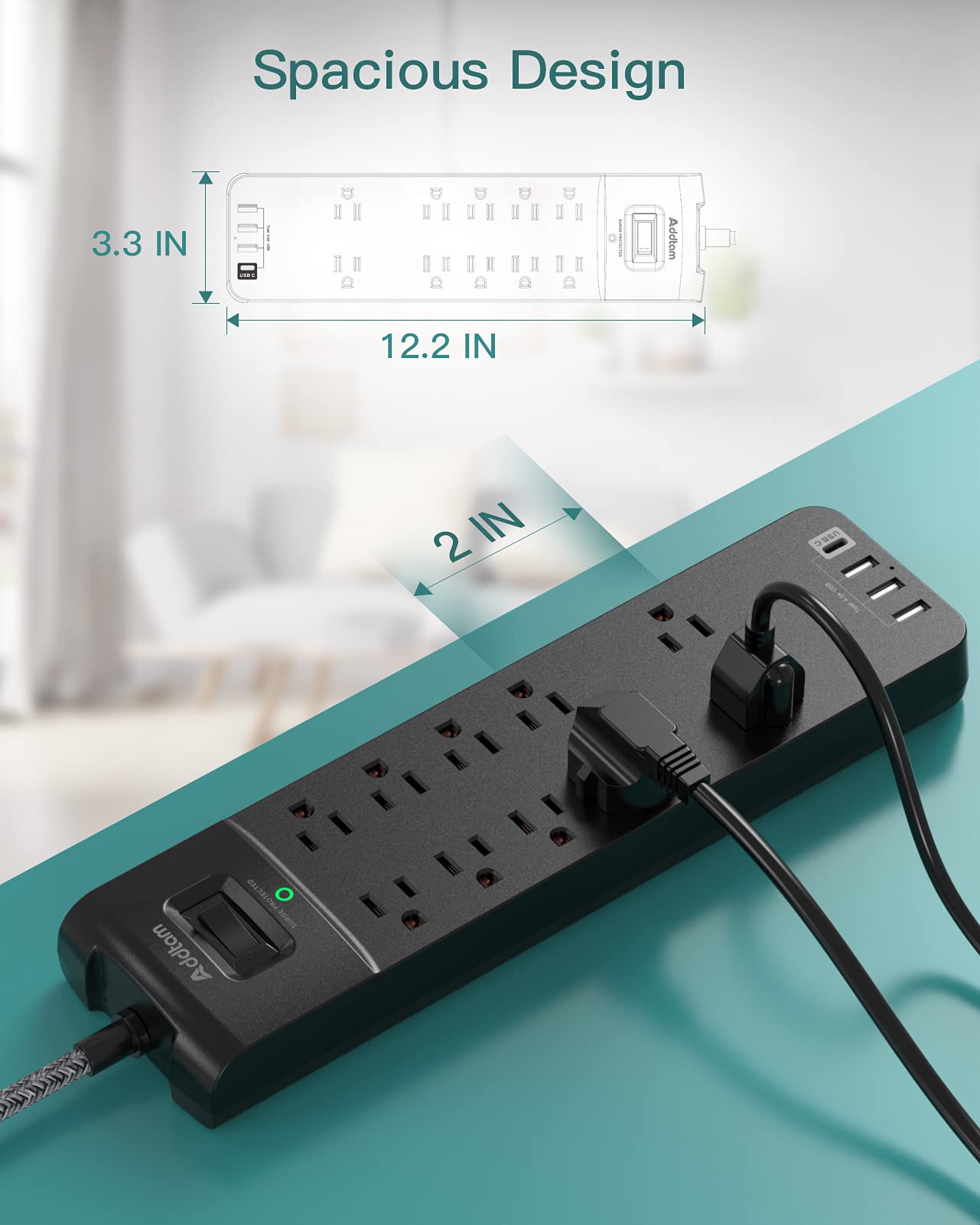 Power Strip - Surge Protector with 10 Outlets and USB C, 5 FT Extension Cord Flat Plug with Overload Surge Protection, 1875W/15A, Wall Mountable for Home, Office, Dorm Essential, (2700 Joules)