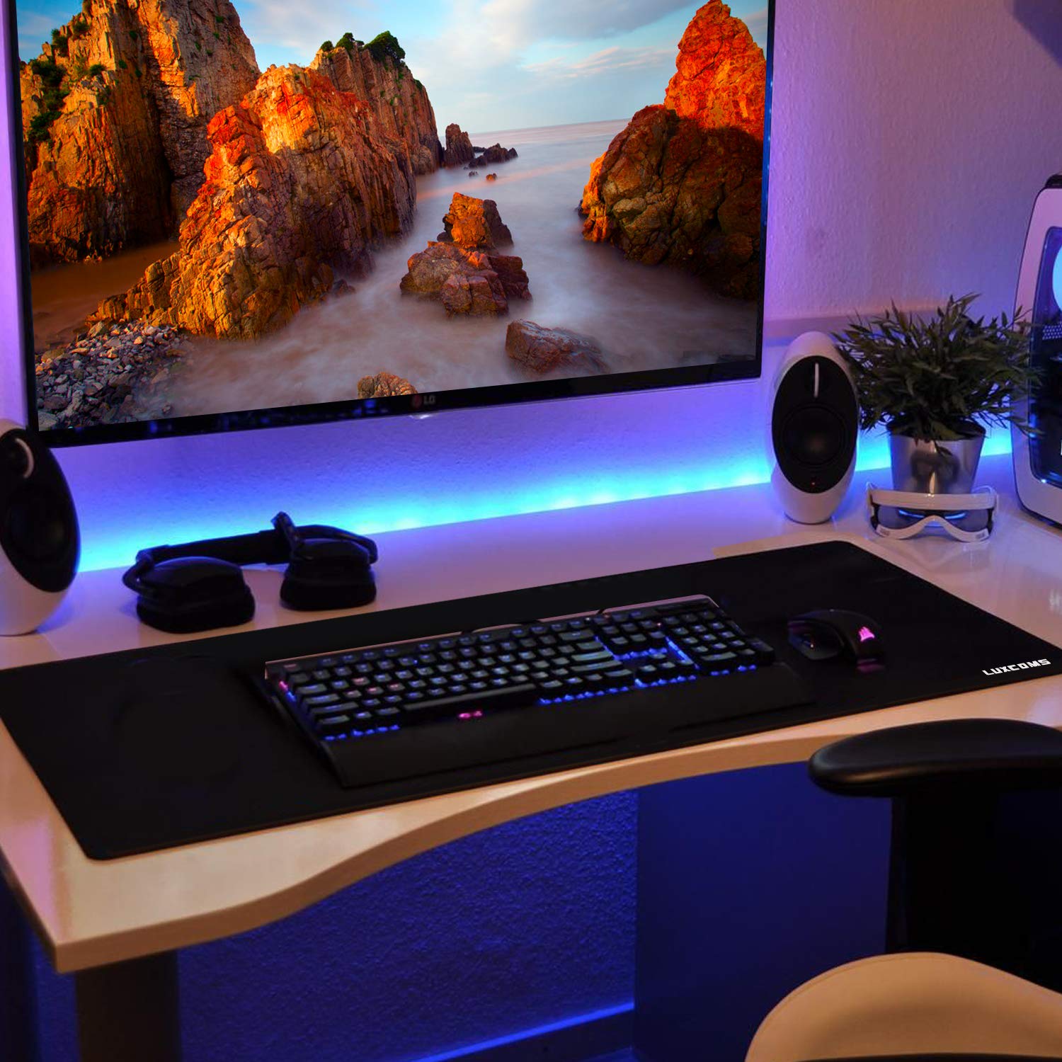 LUXCOMS Extended Gaming Mouse Pad (31.5×15.75×0.12 Inch) Computer Keyboard Mousepad Mouse Mat, Water-Resistant, Non-Slip Base, Durable Stitched Edges,Mouse Mat for Gamer, Office & Home, Black (LST080)