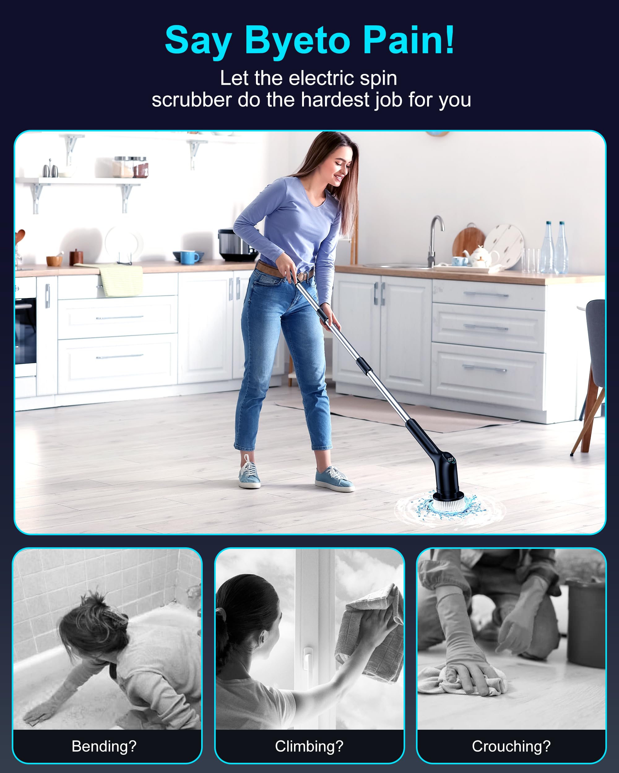 Yonlog Electric Spin Scrubber, FRIWOLE Upgraded Cordless Cleaning Brush with LED Display, 3 Speeds, 8 Replaceable Brush Heads, Adjustable & Detachable Handle, 450 RPM, for Bathtub, Tile, Floor, Black
