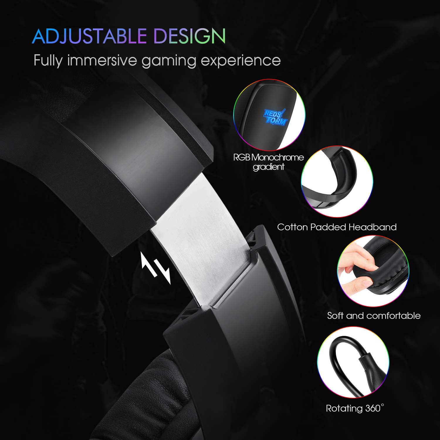 REDSTORM Gaming Headset PC Headset RGB Lights with 7.1 Surround Sound, USB Headphones with Noise Cancelling Microphone Plug & Play Compatible with Mac/PC/Laptops/Mac Computers